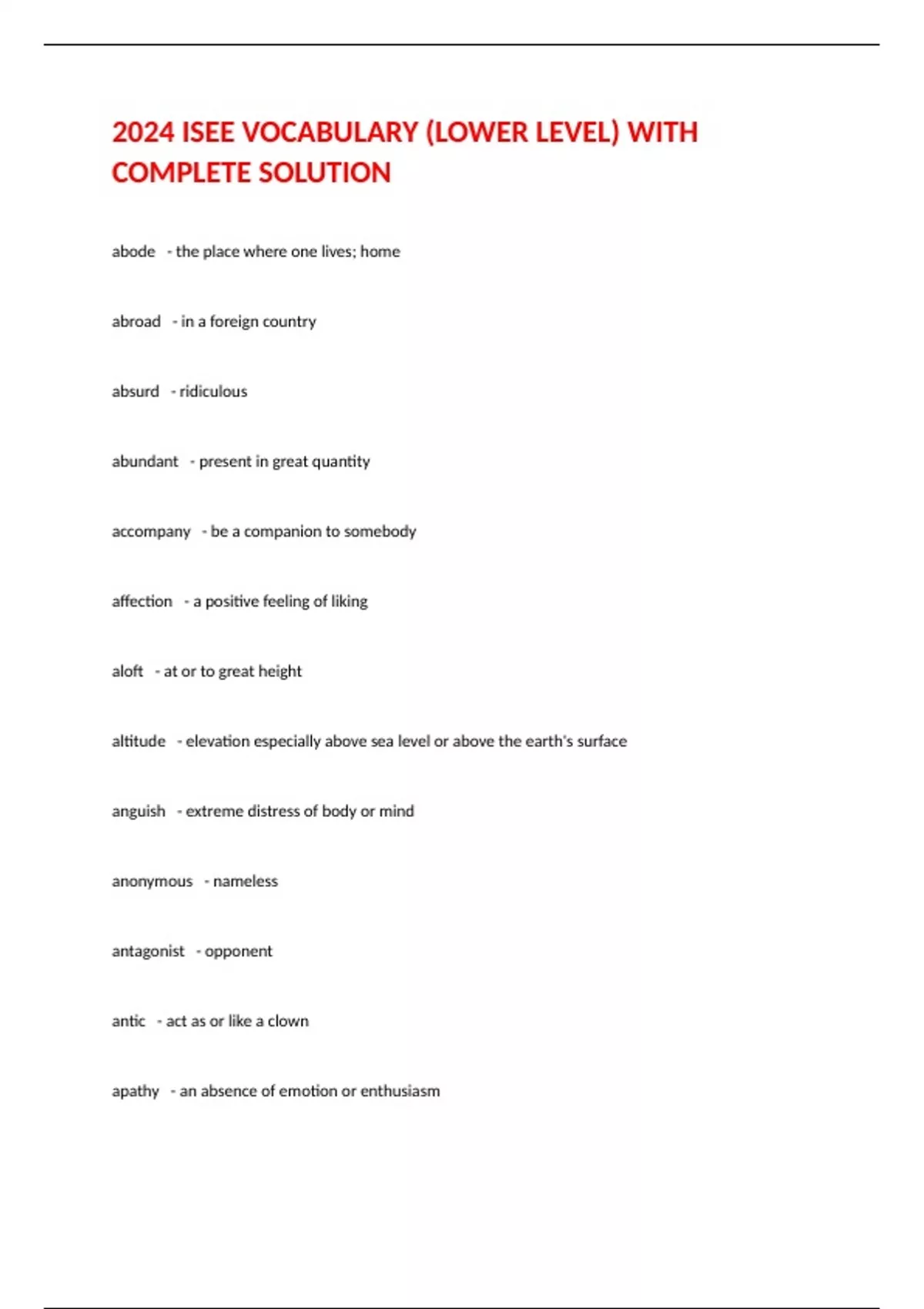 2024 ISEE VOCABULARY (LOWER LEVEL) WITH COMPLETE SOLUTION - ISEE ...