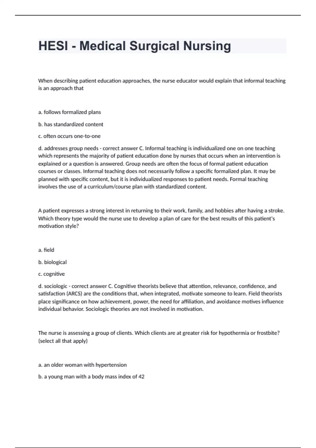 HESI - Medical Surgical Nursing questions with complete solutions 2024 ...