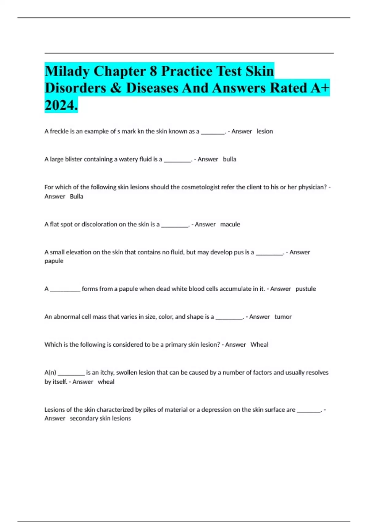 Milady Chapter 8 Practice Test Skin Disorders & Diseases And Answers ...