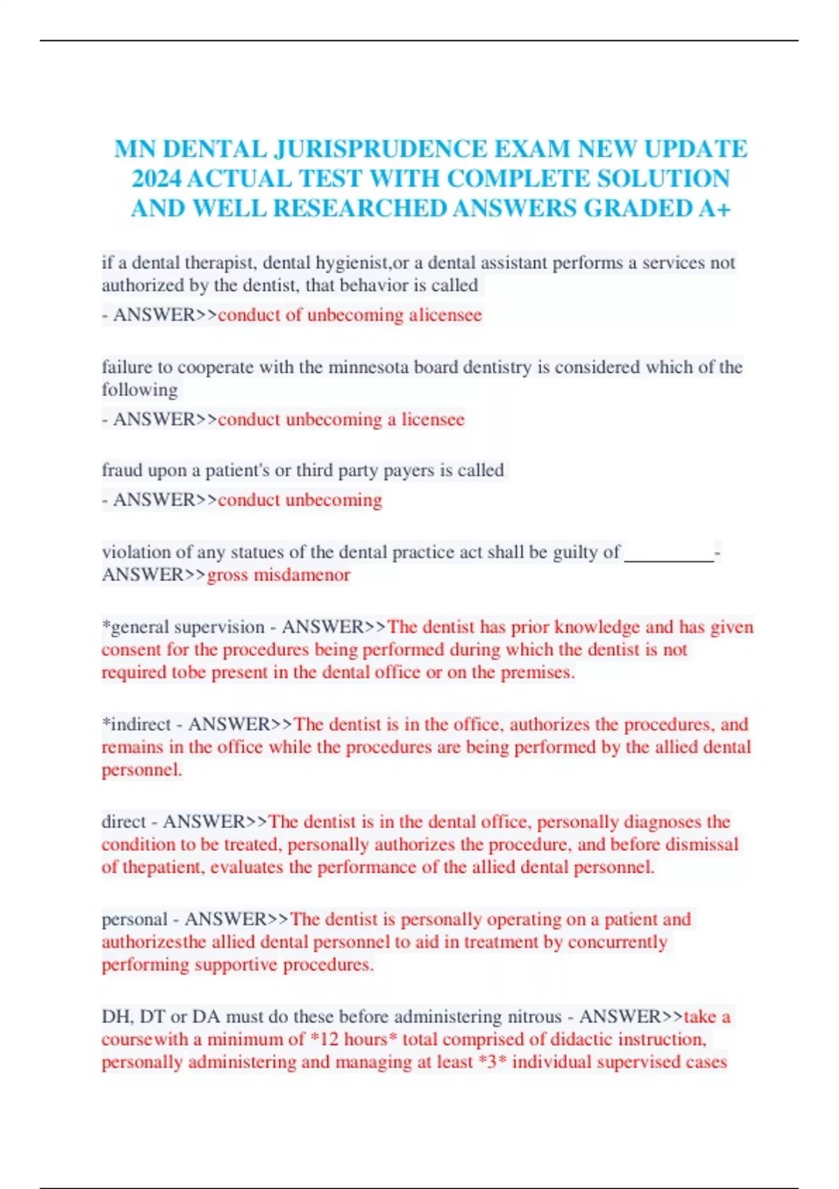 MN DENTAL JURISPRUDENCE EXAM NEW UPDATE 2024 ACTUAL TEST WITH COMPLETE ...