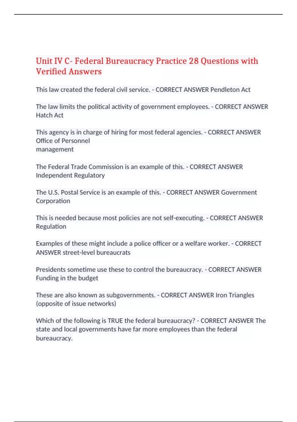 Unit IV C- Federal Bureaucracy Practice 28 Questions with Verified ...