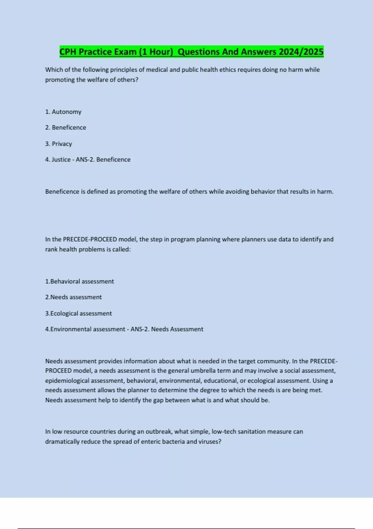 CPH Practice Exam (1 Hour) Questions And Answers - CPH - Certified in ...