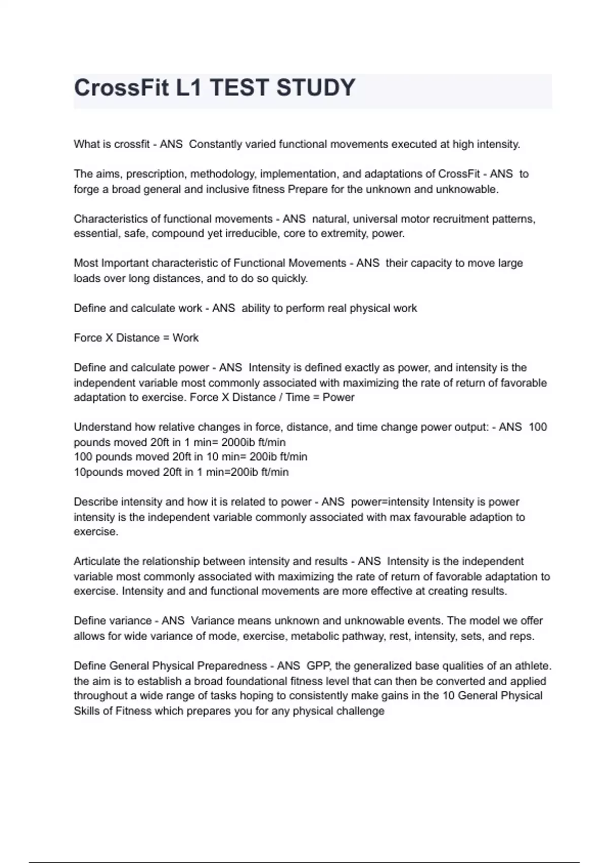 CrossFit L1 TEST STUDY Exam 2024/2025 Questions With Completed ...