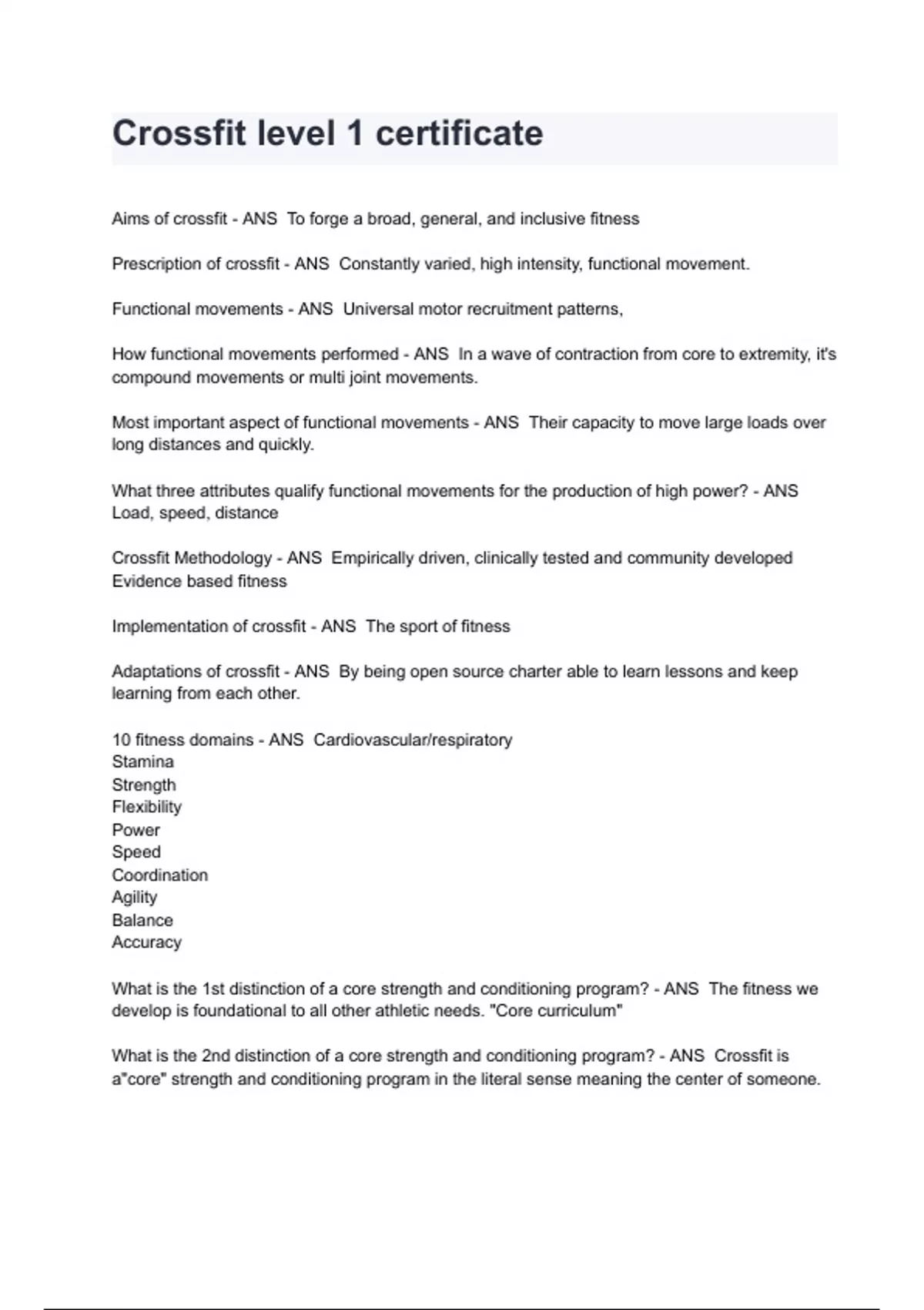 Crossfit level 1 certificate Exam 2024/2025 Questions With Completed ...