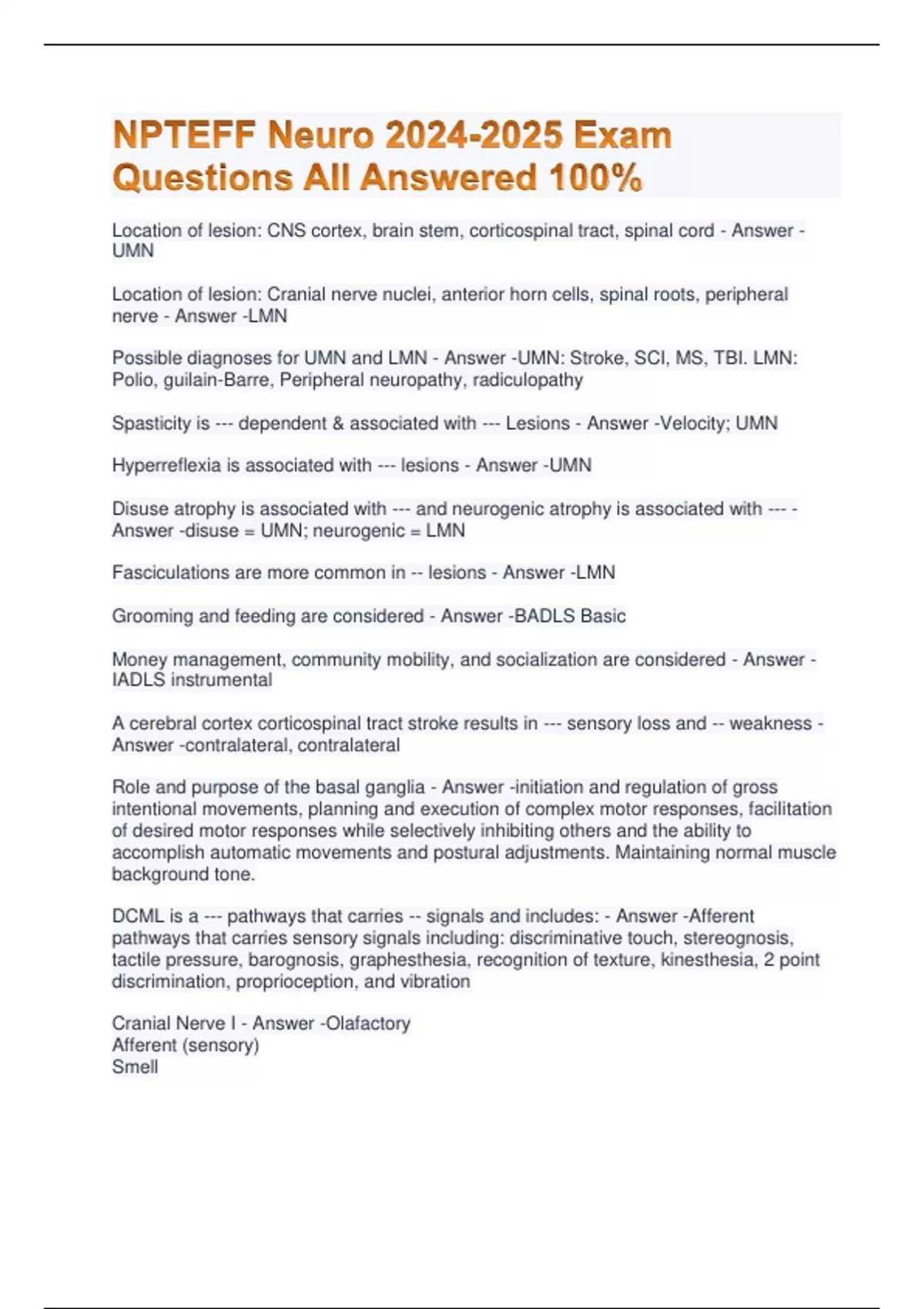 NPTEFF Neuro Exam Questions All Answered 100% - NPTEFF - Stuvia US