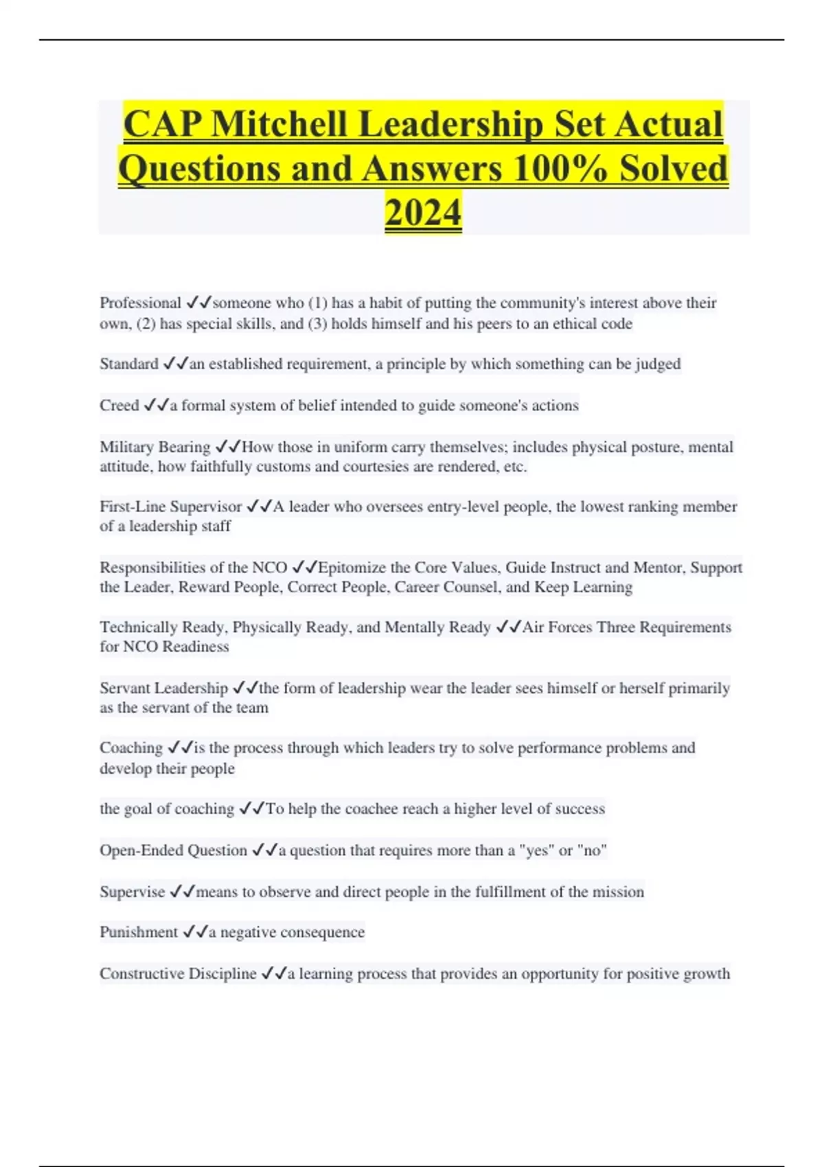 CAP Mitchell Leadership Set Actual Questions and Answers 100% Solved ...