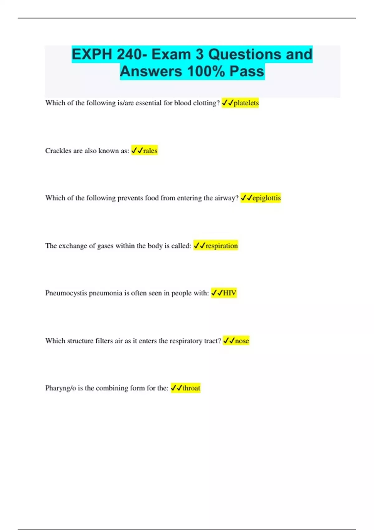 EXPH 240- Exam 3 Questions and Answers 100% Pass - EXPH 240- - Stuvia US