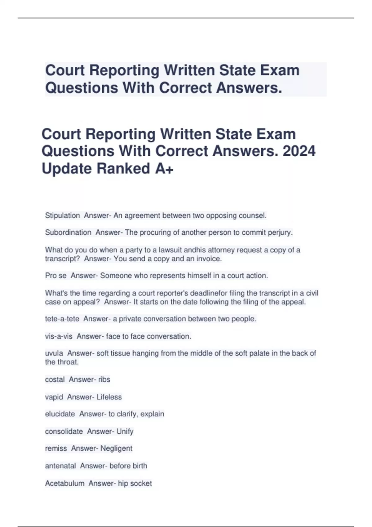 Court Reporting Written State Exam Questions With Correct Answers. 2024 ...