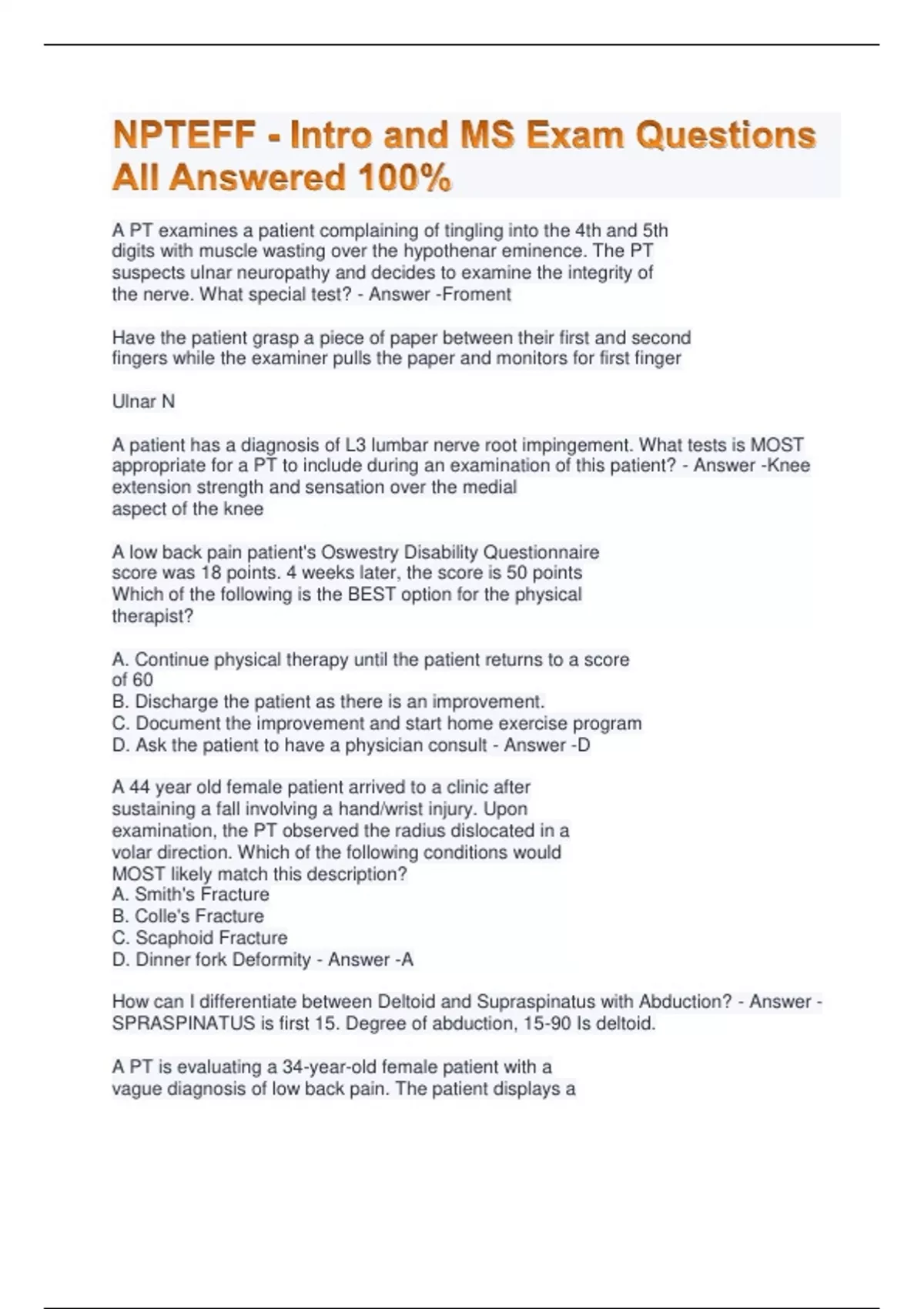 NPTEFF - Intro and MS Exam Questions All Answered 100% - NPTEFF - Stuvia US