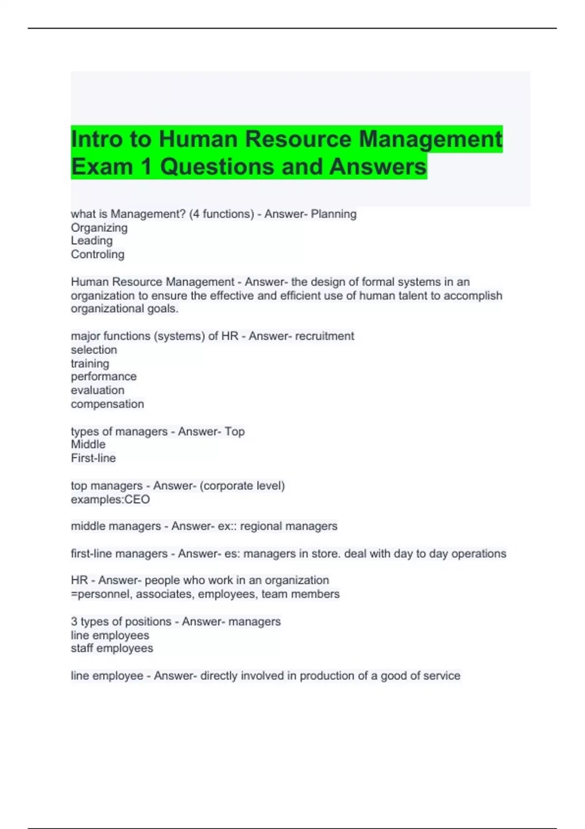 Intro to Human Resource Management Exam 1 Questions and Answers - HRM ...