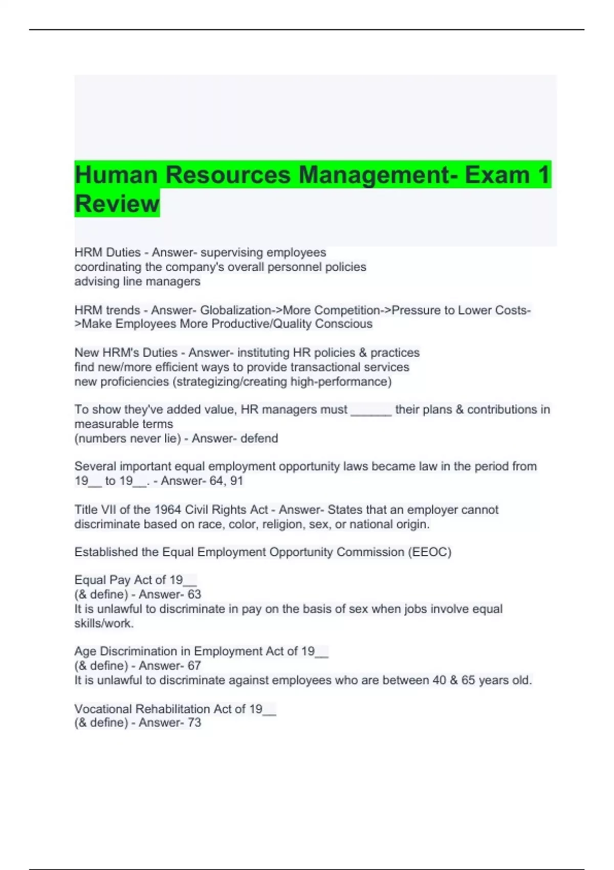 Human Resources Management- Exam 1 Review 2024 Questions and Answers ...