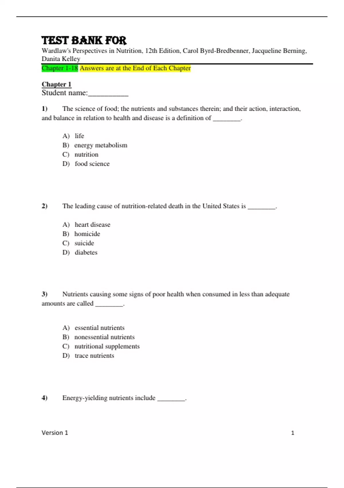 Test Bank For Wardlaw's Perspectives in Nutrition, 12th Edition,by ...