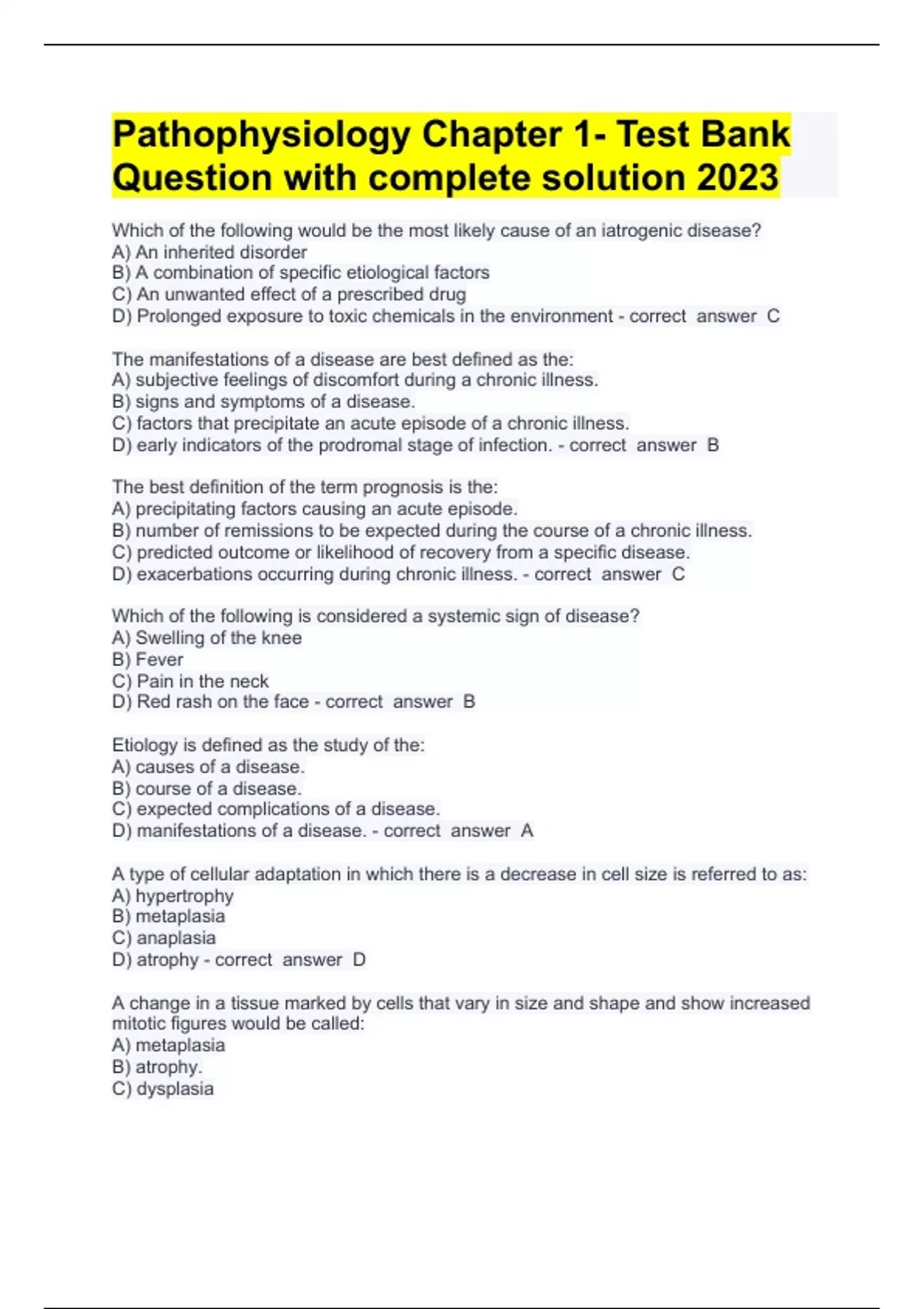 Pathophysiology Chapter 1 Question and answers already pass 2024 ...