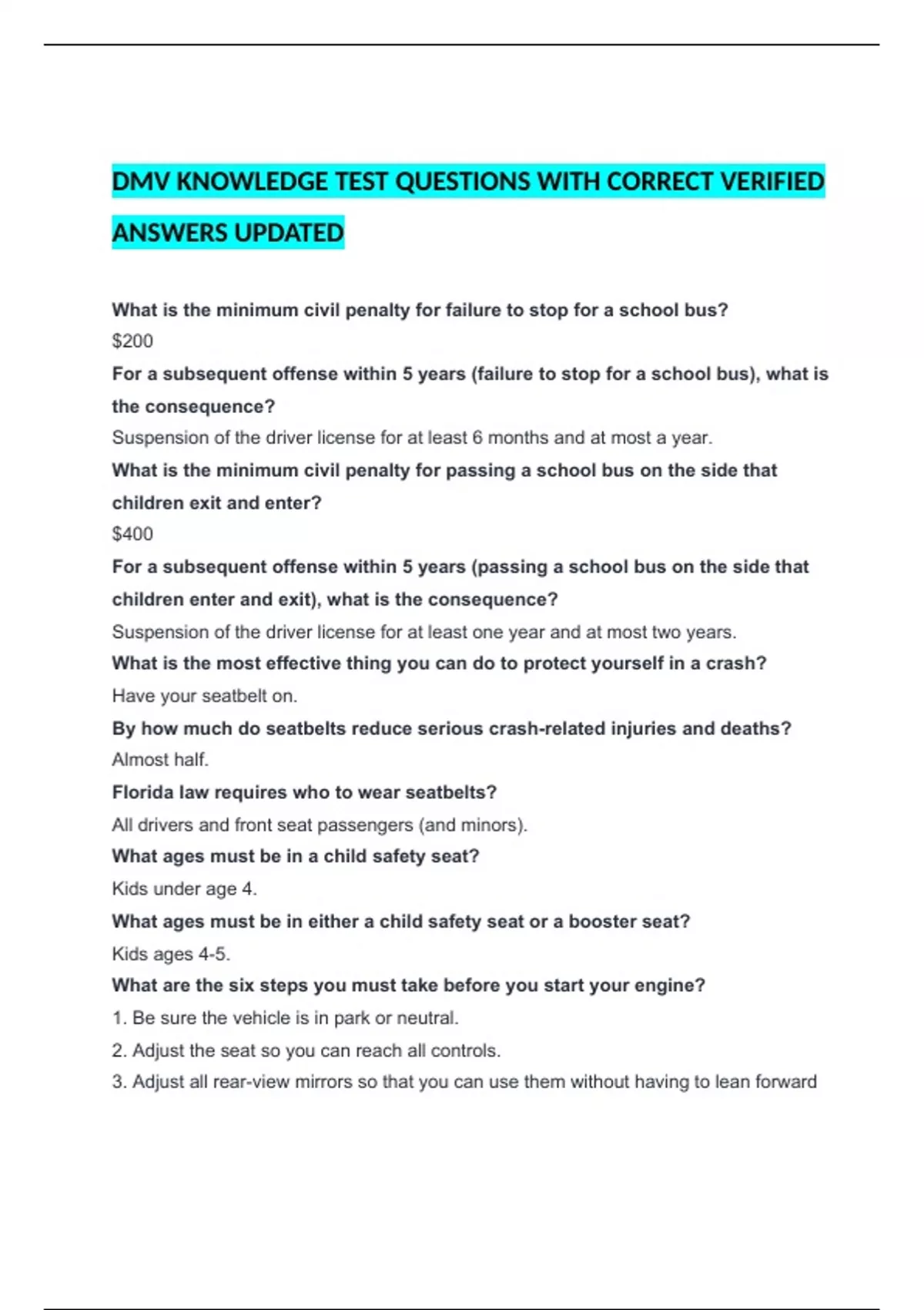 DMV KNOWLEDGE TEST QUESTIONS WITH CORRECT VERIFIED ANSWERS UPDATED ...