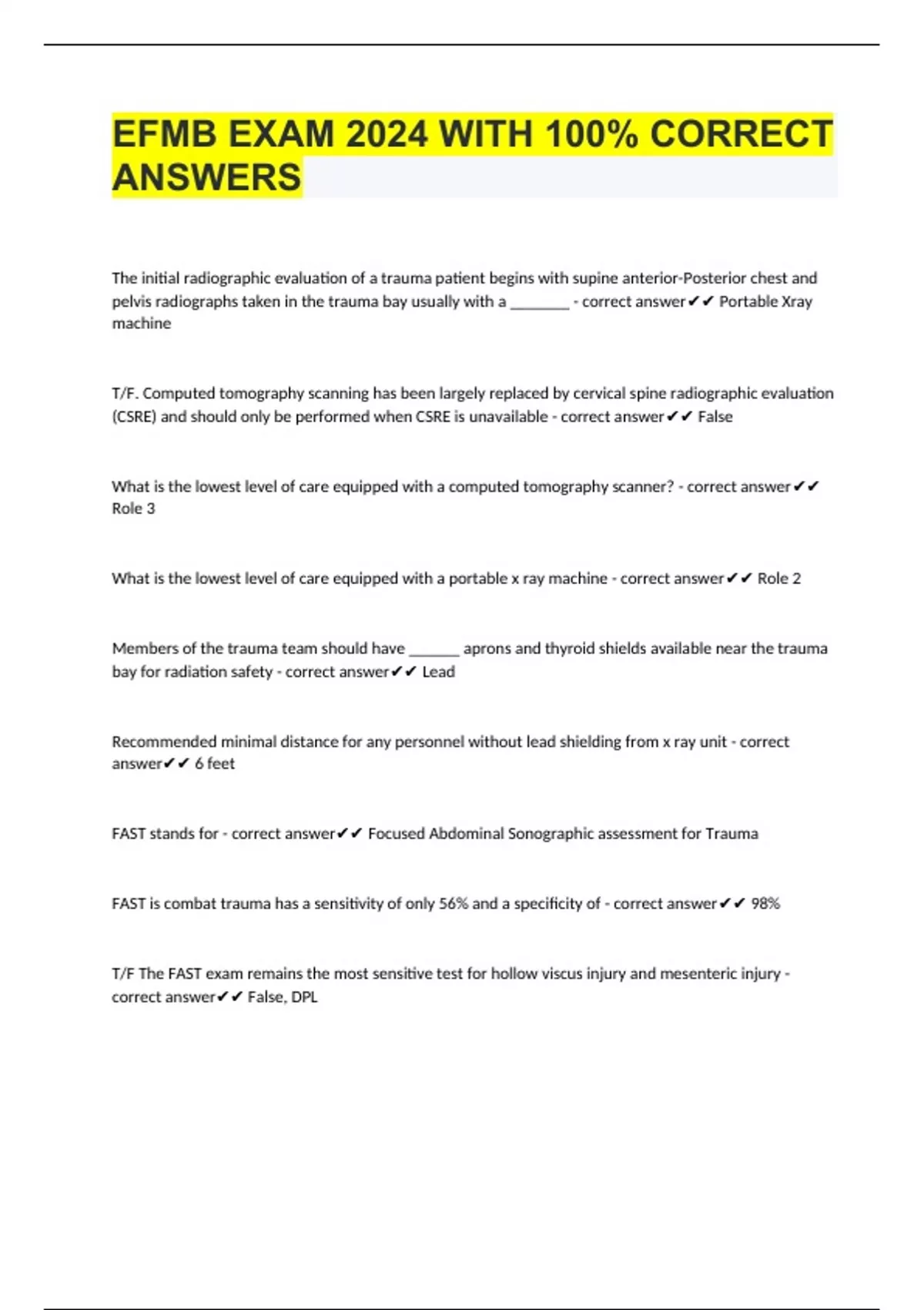 EFMB EXAM 2024 WITH 100% CORRECT ANSWERS - EFMB - Stuvia US