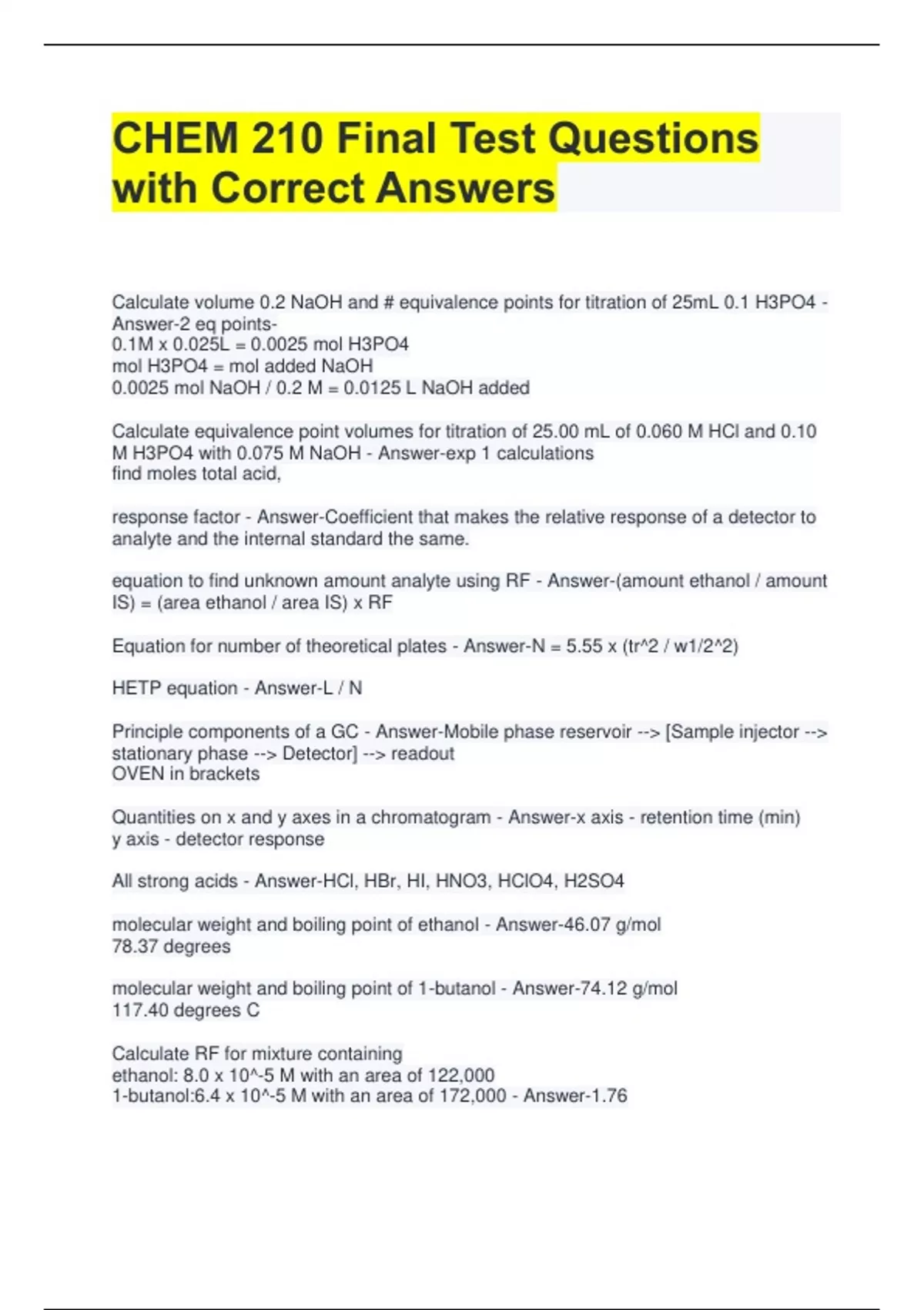 CHEM 210 Final Test Questions with Correct Answers - CHEM 210 - Stuvia US
