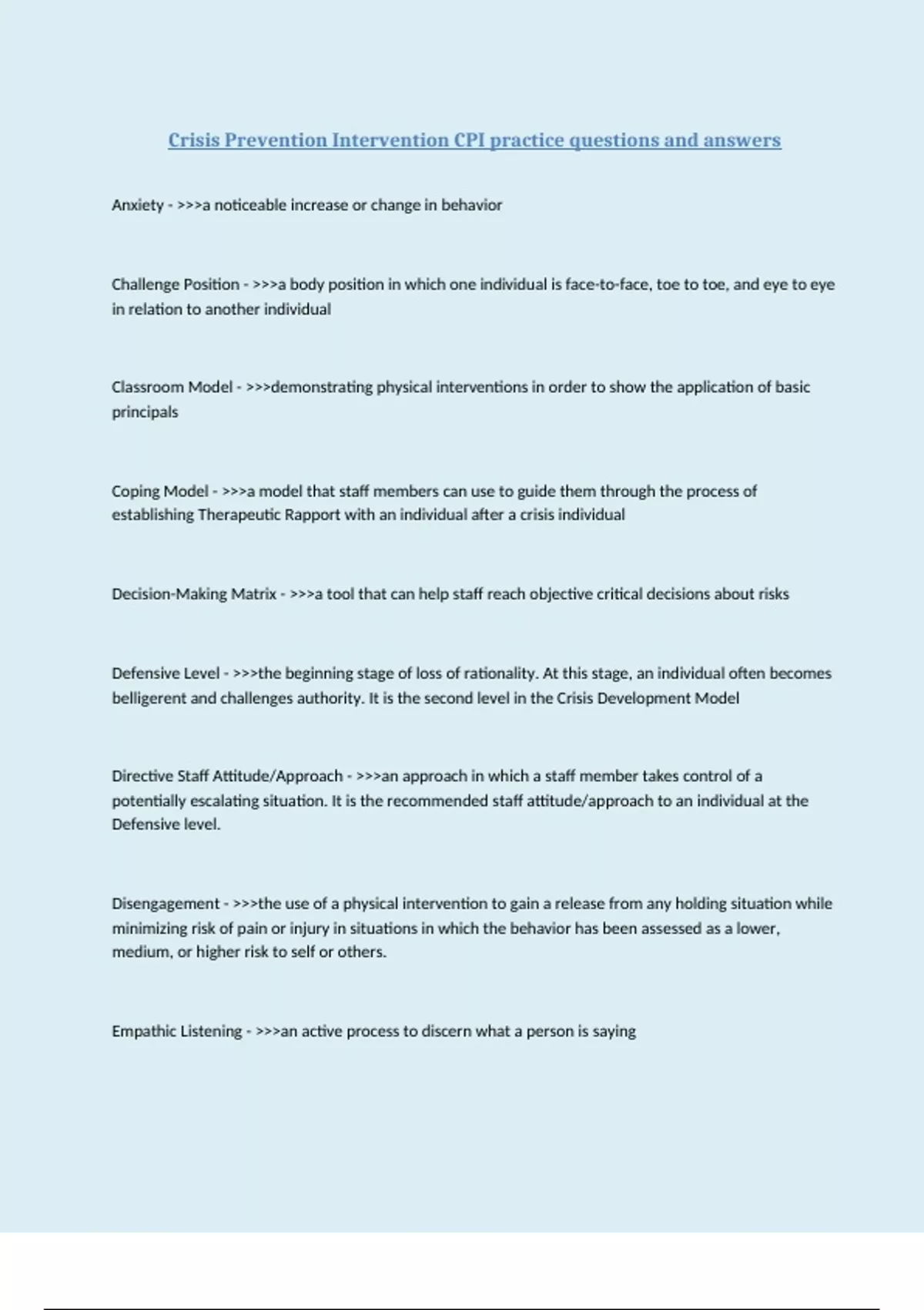 Crisis Prevention Intervention CPI practice questions and answers - CPI ...