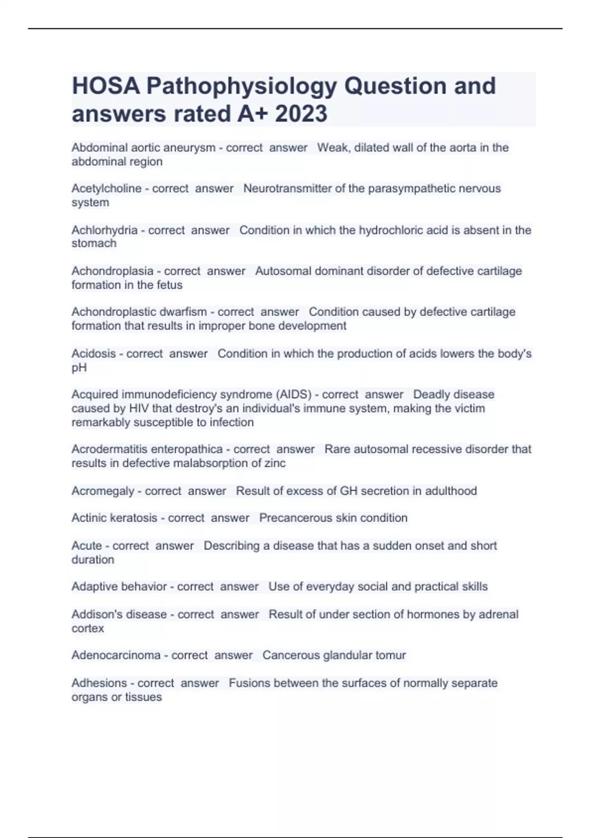 HOSA Pathophysiology Question and answers rated 1oo% correct 2024 - Pathophysiology - Stuvia US