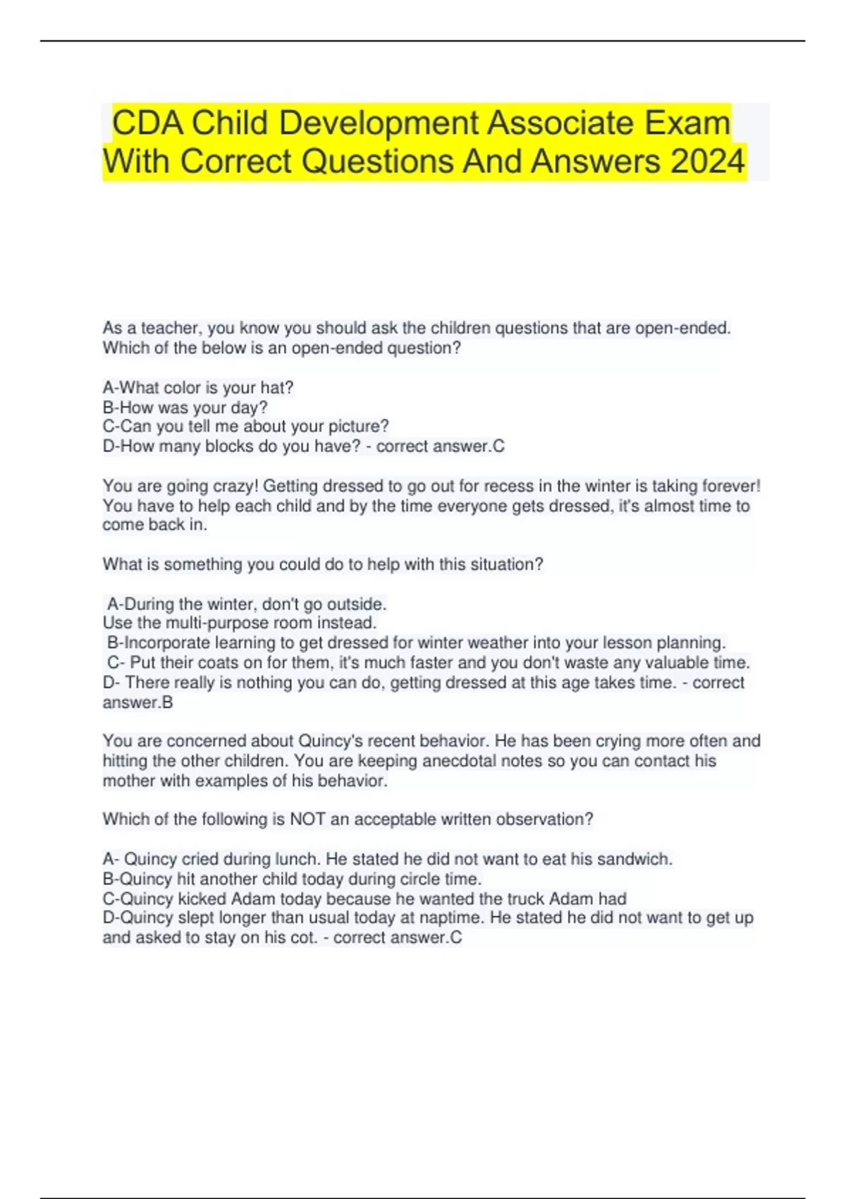 CDA Child Development Associate Exam With Correct Questions And Answers ...