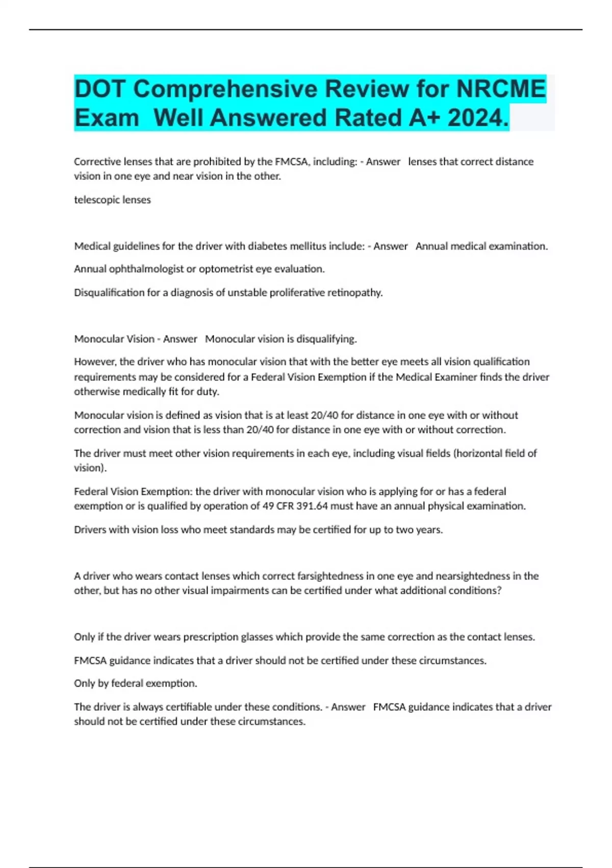 DOT Comprehensive Review for NRCME Exam Well Answered Rated A+ 2024 ...