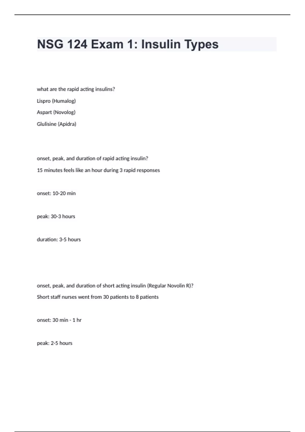 NSG 124 Exam 1: Insulin Types questions with answers 2024 - NSG 124 ...