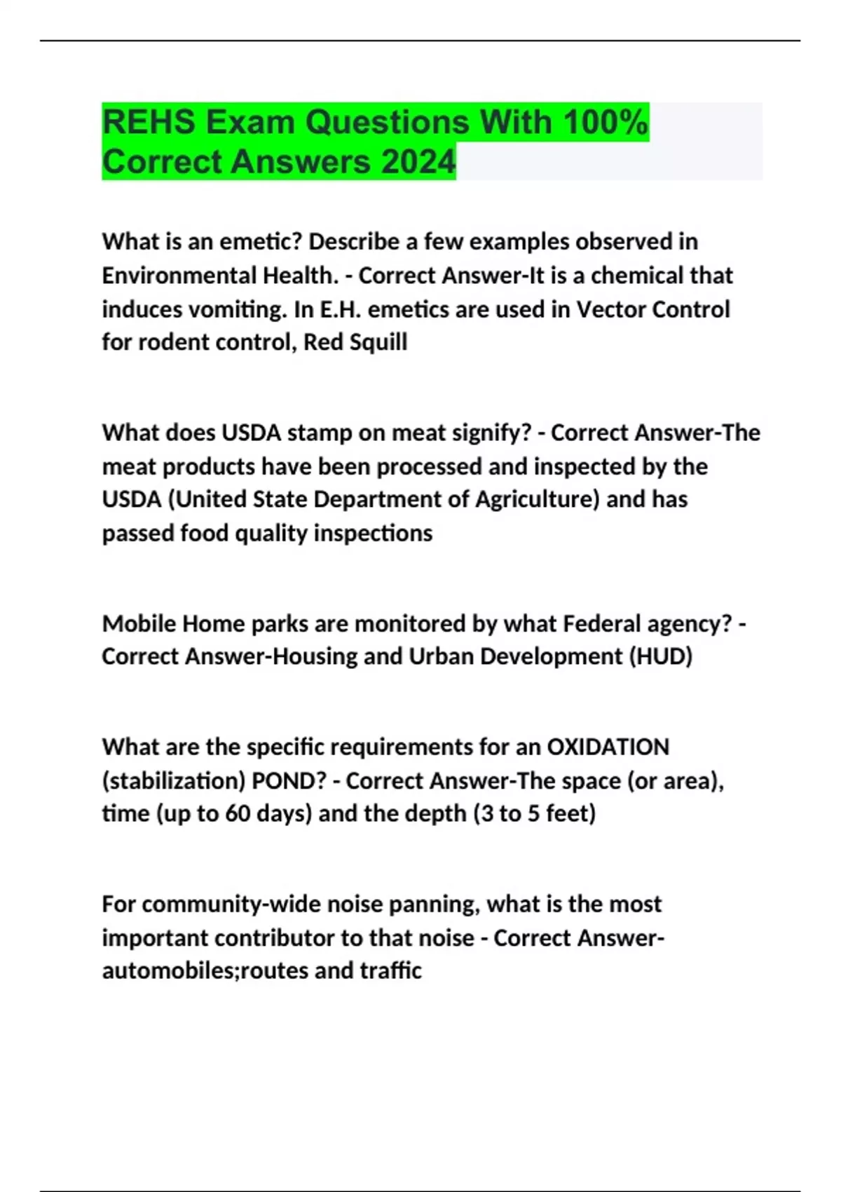 REHS Exam Questions With 100% Correct Answers 2024 - REHS - Stuvia US