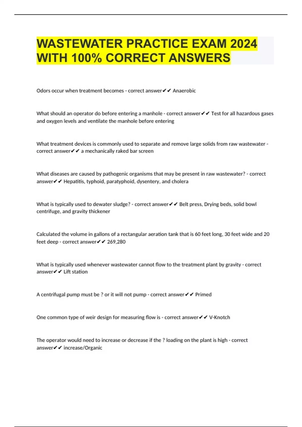 WASTEWATER PRACTICE EXAM 2024 WITH 100% CORRECT ANSWERS - Wastewater ...