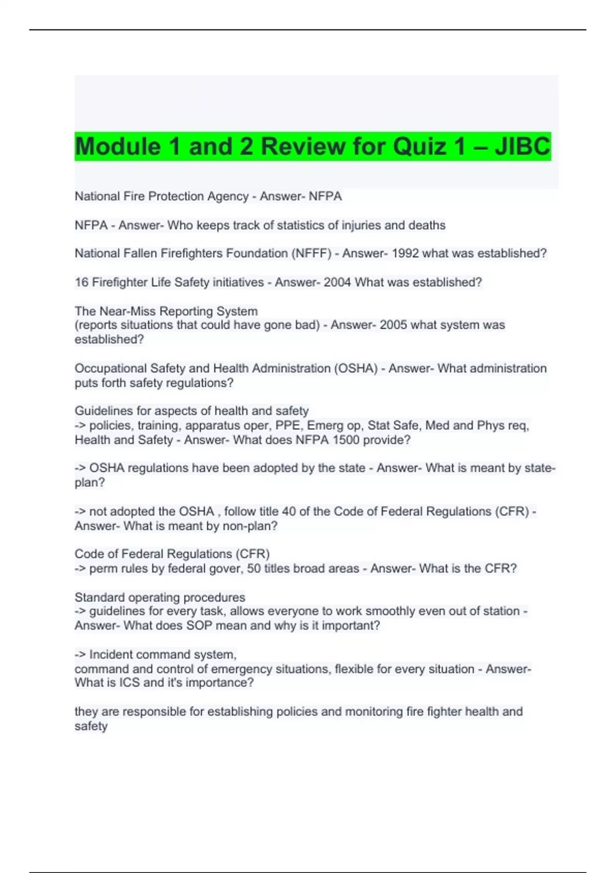 Module 1 and 2 Review for Quiz 1 – JIBC 2024 with correct Answers ...