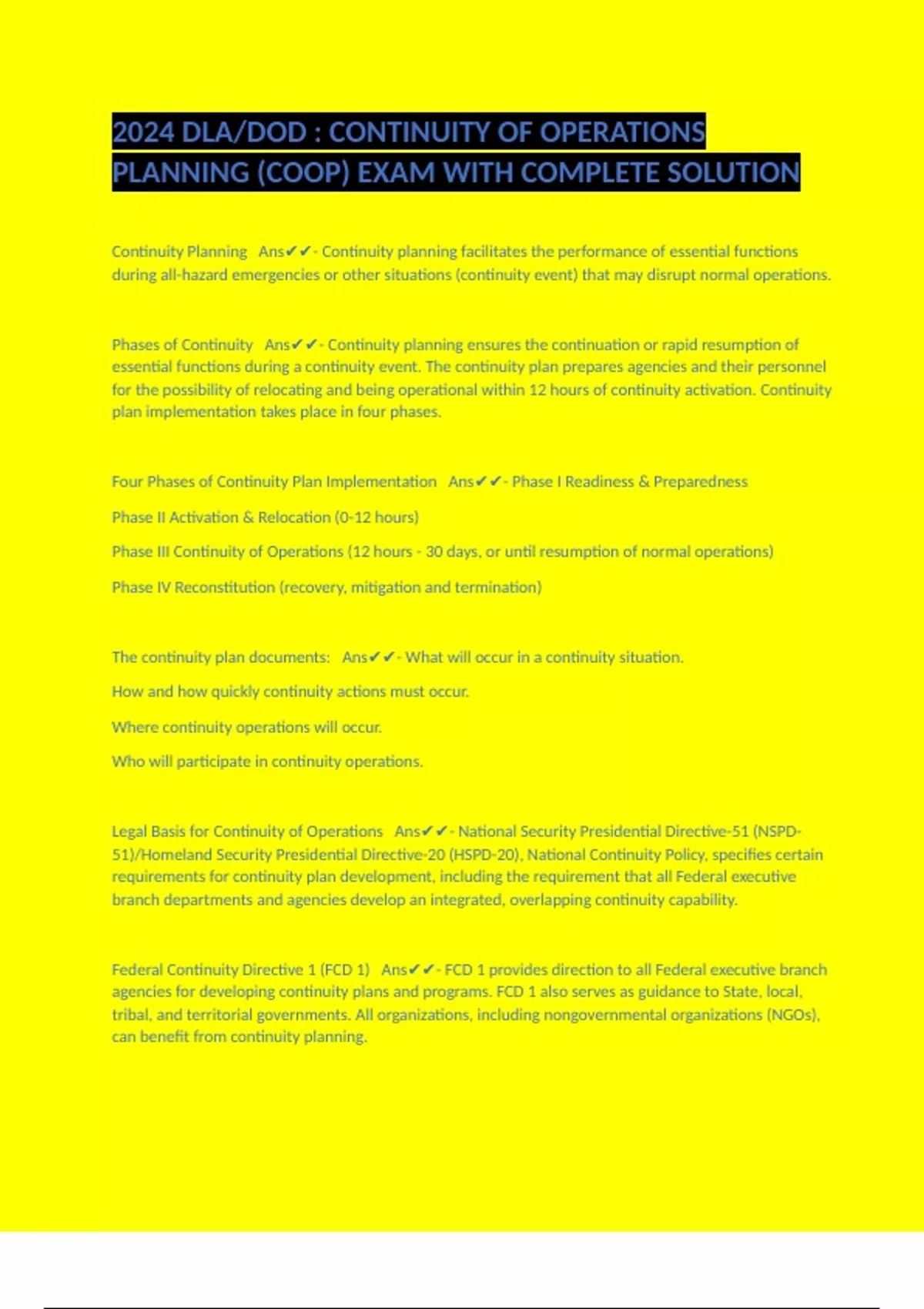 2024 DLA/DOD : CONTINUITY OF OPERATIONS PLANNING (COOP) EXAM WITH ...