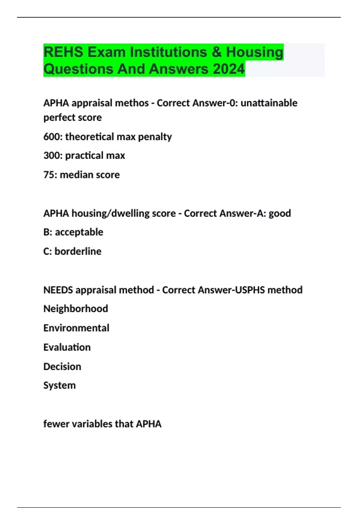 REHS Exam Institutions & Housing Questions And Answers 2024 - REHS ...