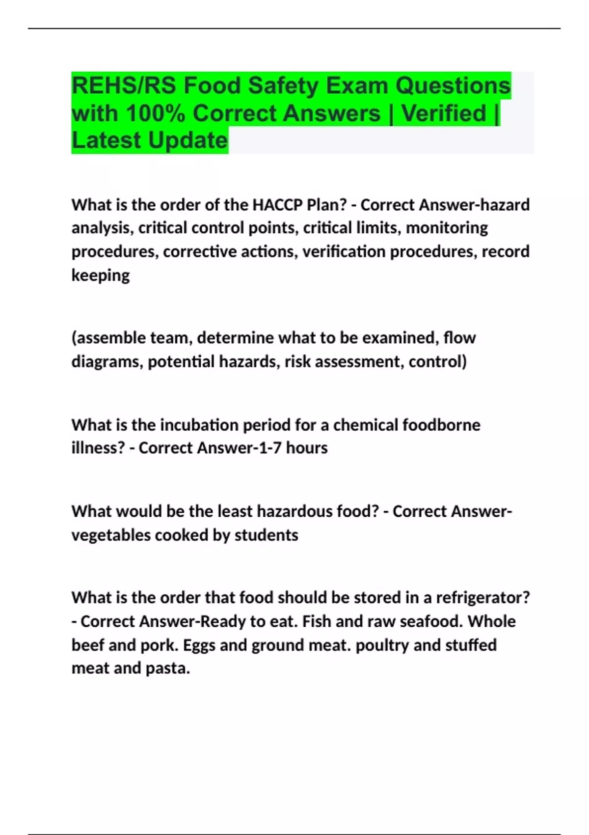 REHS/RS Food Safety Exam Questions with 100% Correct Answers | Verified ...