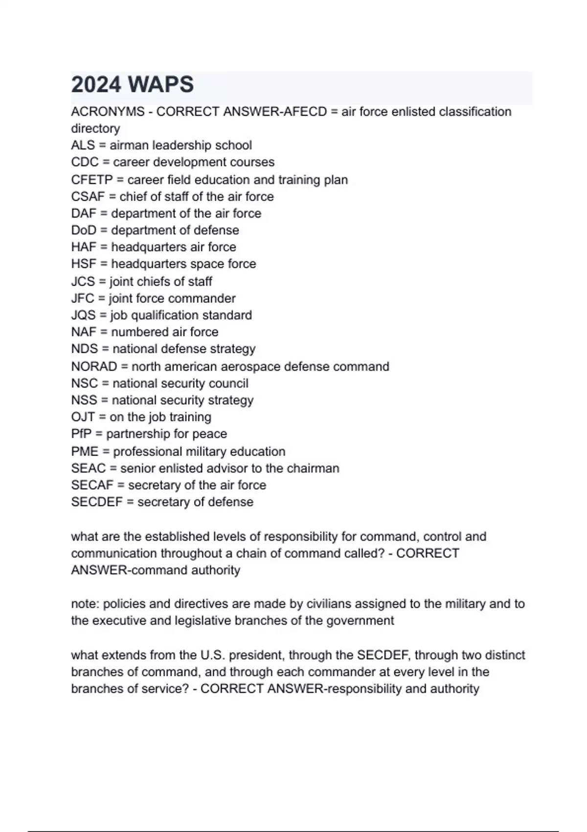 2024 WAPS with complete solution ( latest updated ) - SSgt WAPS - Stuvia US