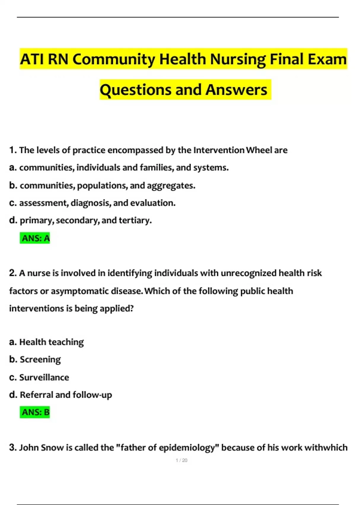 ATI RN Community Health Nursing Final Exam Questions and Answers 2024 / ...