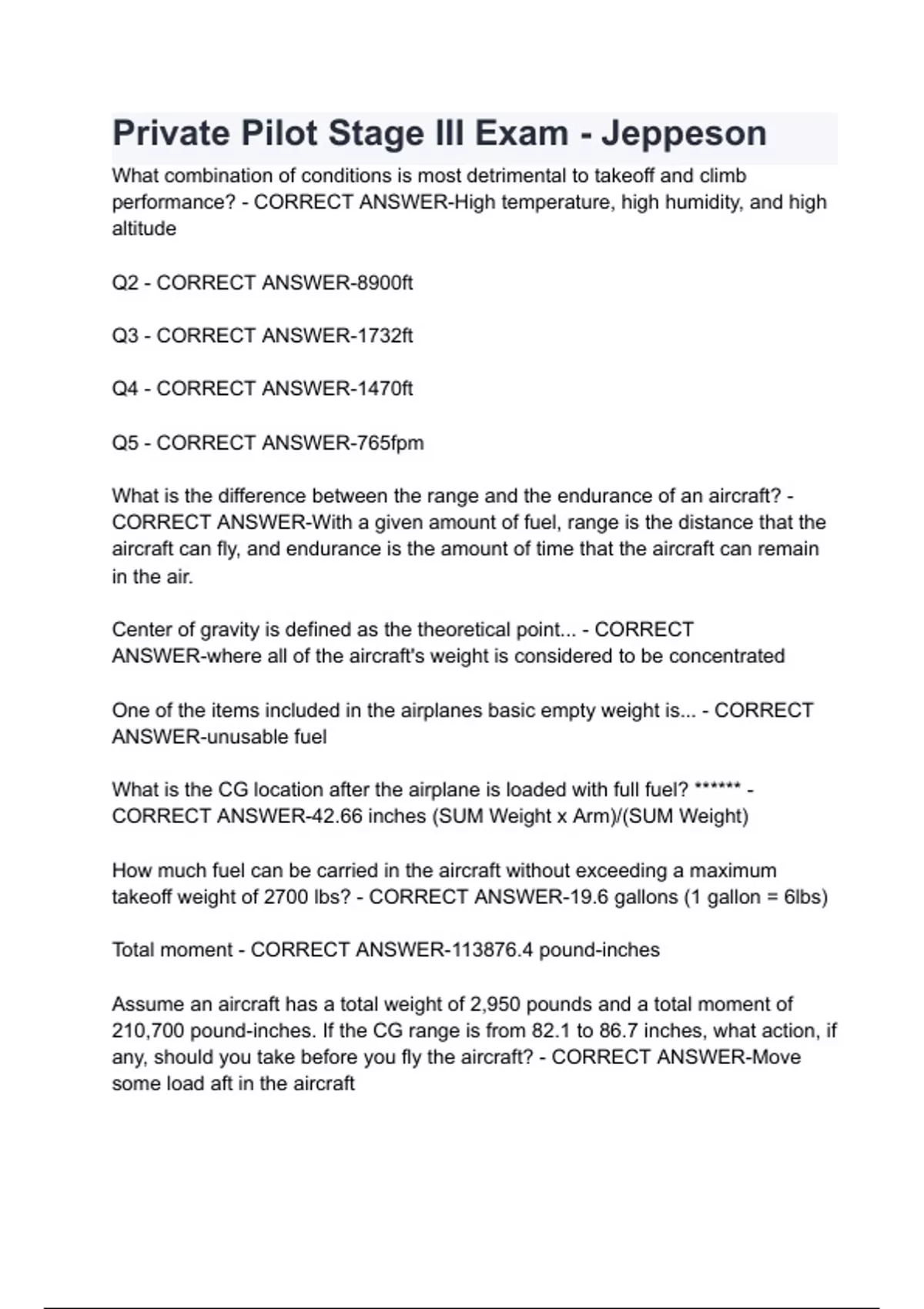 Private Pilot Stage III Exam - Jeppeson with complete solution / Latest ...