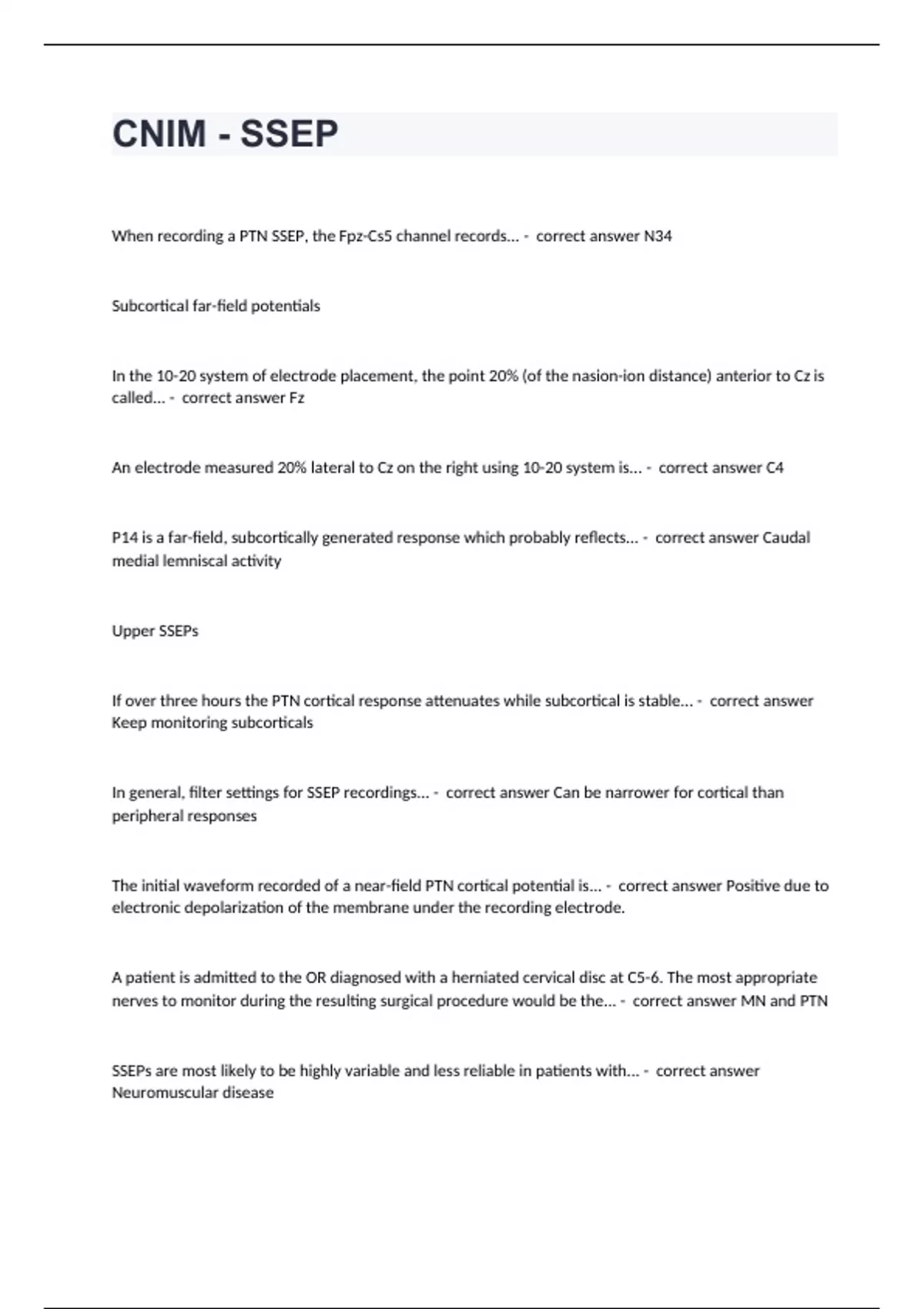 CNIM - SSEP Questions with complete solution 2024 - CNIM - Stuvia SA