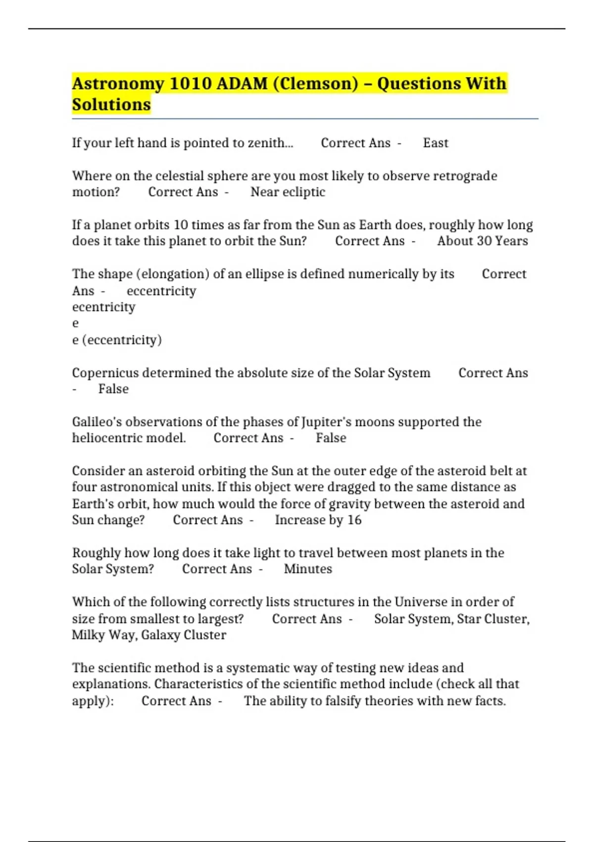 Astronomy 1010 ADAM (Clemson) – Questions With Solutions - ASTRONOMY ...