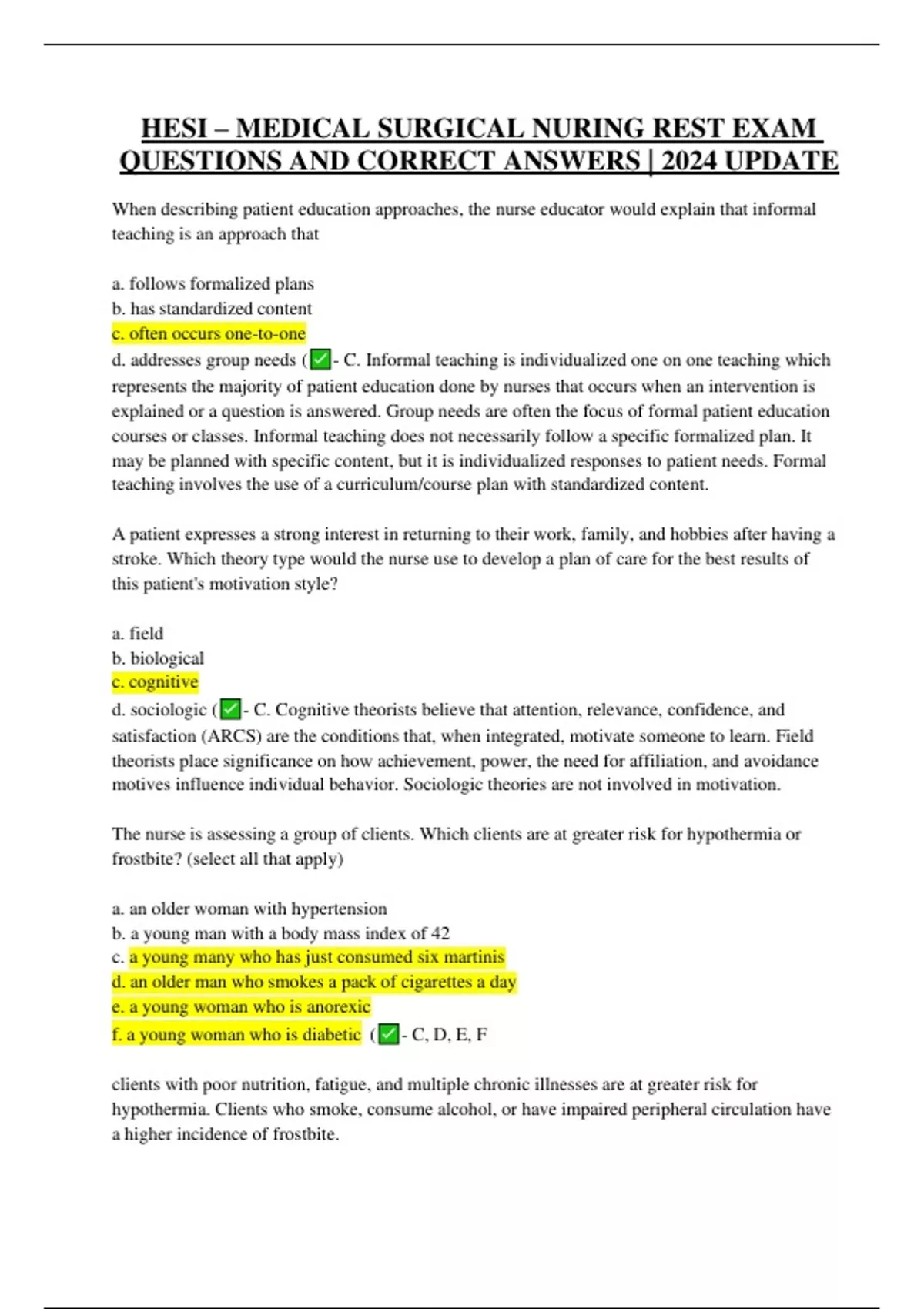 HESI – MEDICAL SURGICAL NURING REST EXAM QUESTIONS AND CORRECT ANSWERS ...