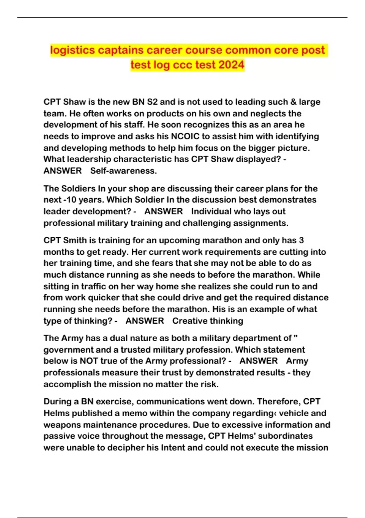 Logistics Captains Career Course Common Core Post Test Log Ccc Test 2024 Logistics Captains