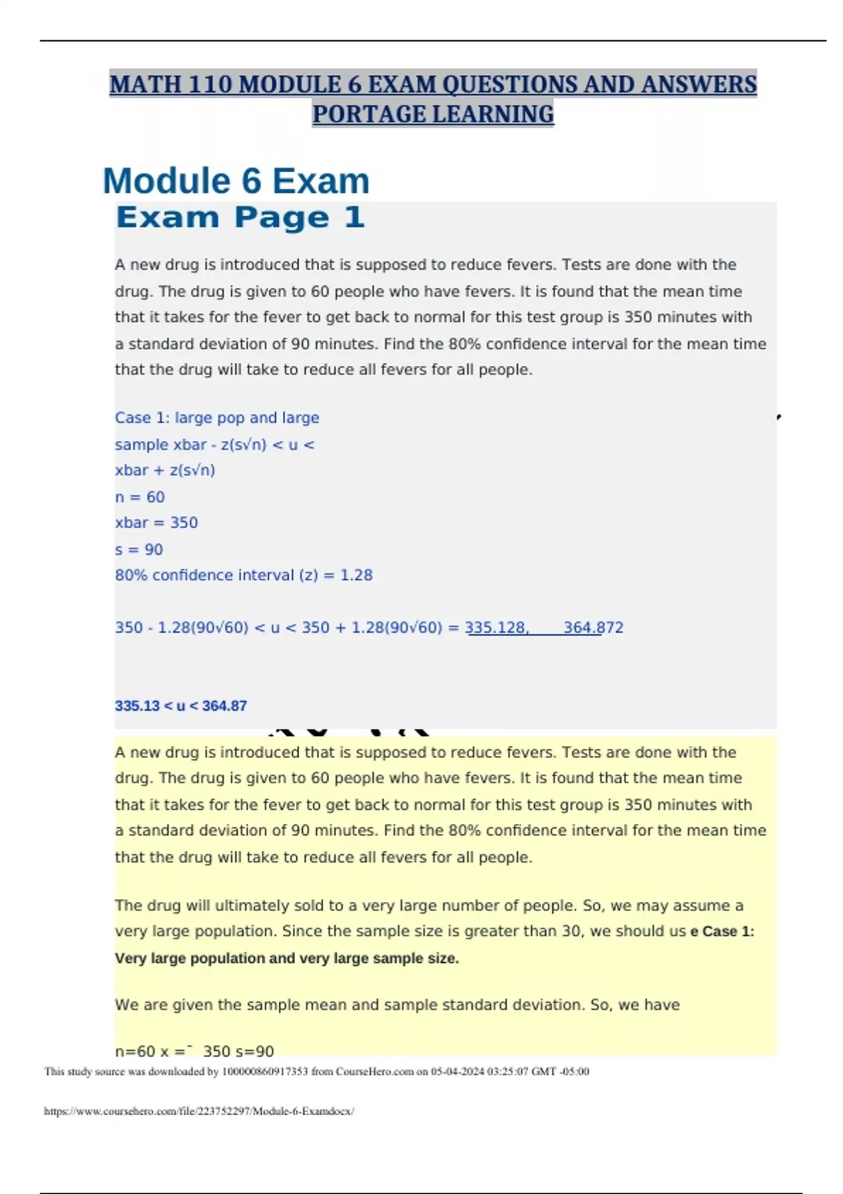 Math 110 Module 6 Exam Latest 2024 Math110 Module 6 Exam Math 110 Statistics Module 6 Exam