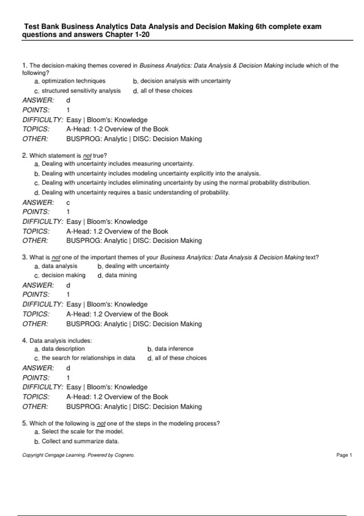 Test Bank Business Analytics Data Analysis And Decision Making 6th Test Bank Business Analytics Data Analysis And Decision Making 6th