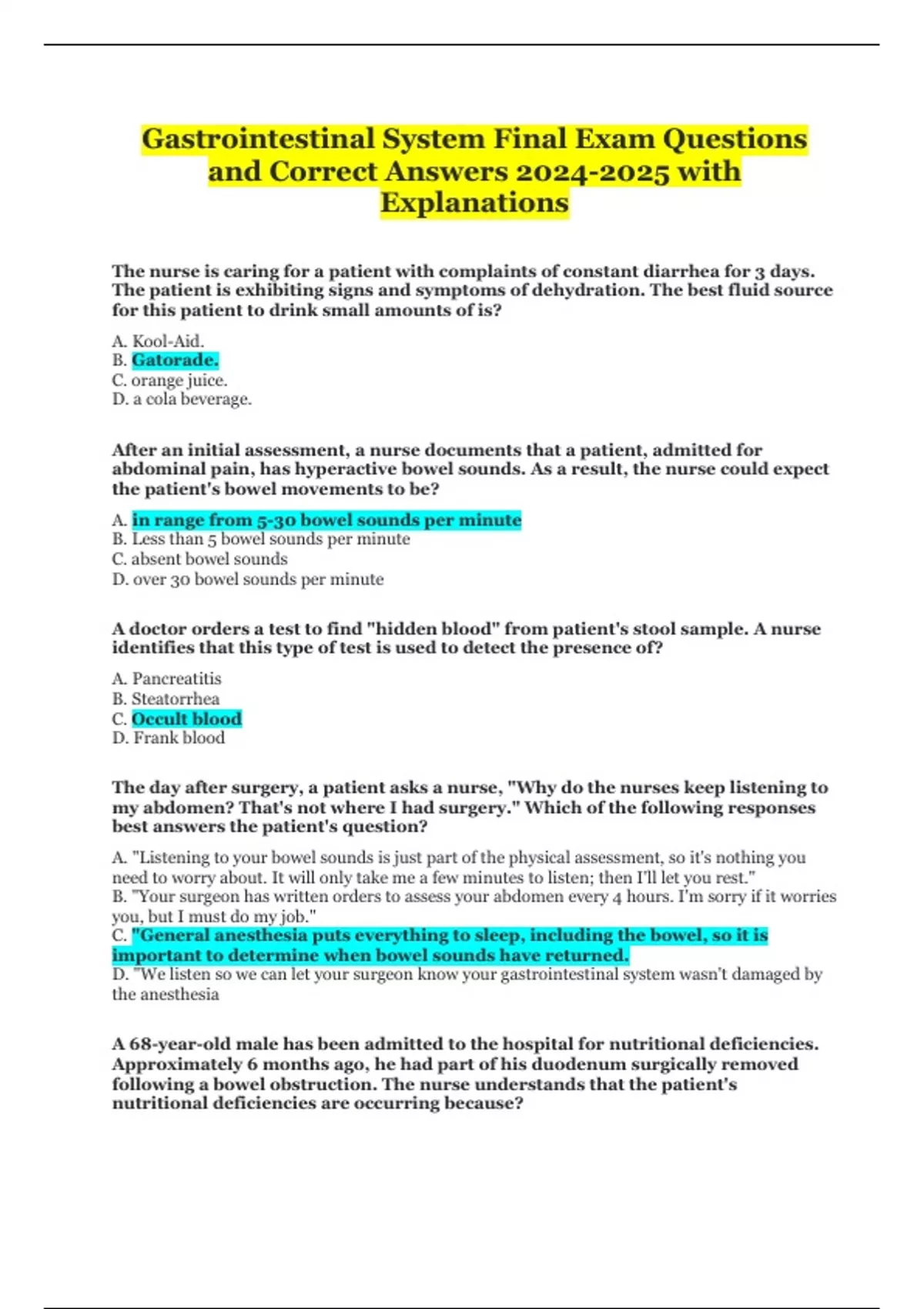 Gastrointestinal System Final Exam Questions and Correct Answers with ...
