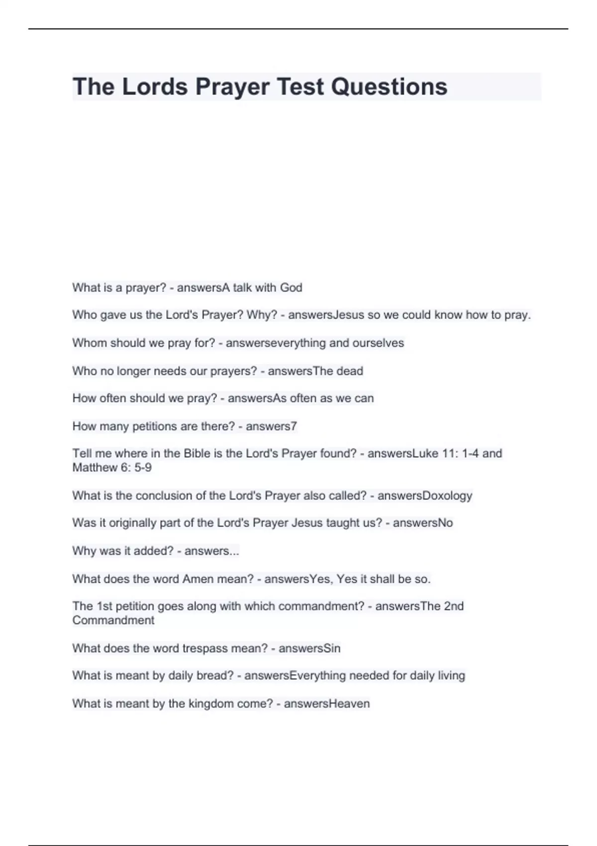 The Lord's Prayer Test Questions with correct answers - LORD\'S PRAYER ...