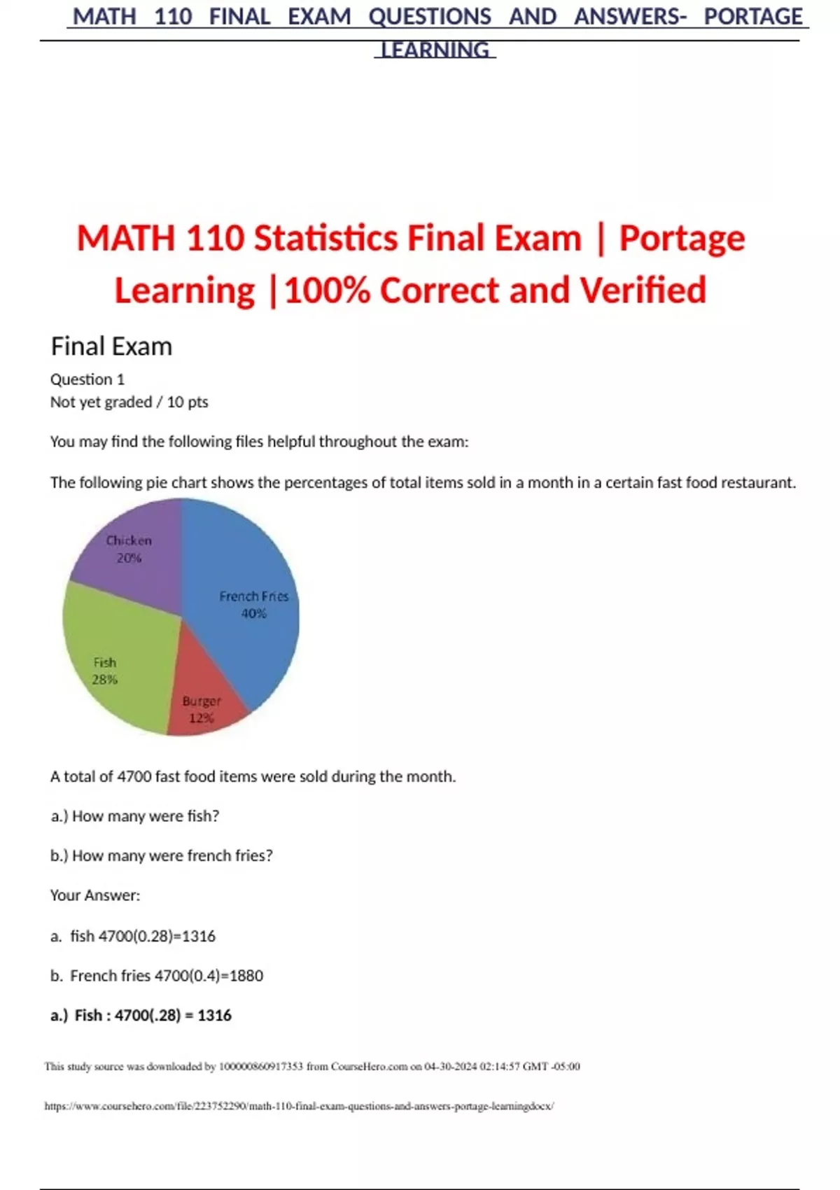 MATH 110 Statistics Final Exam | Portage Learning |100% Correct and ...