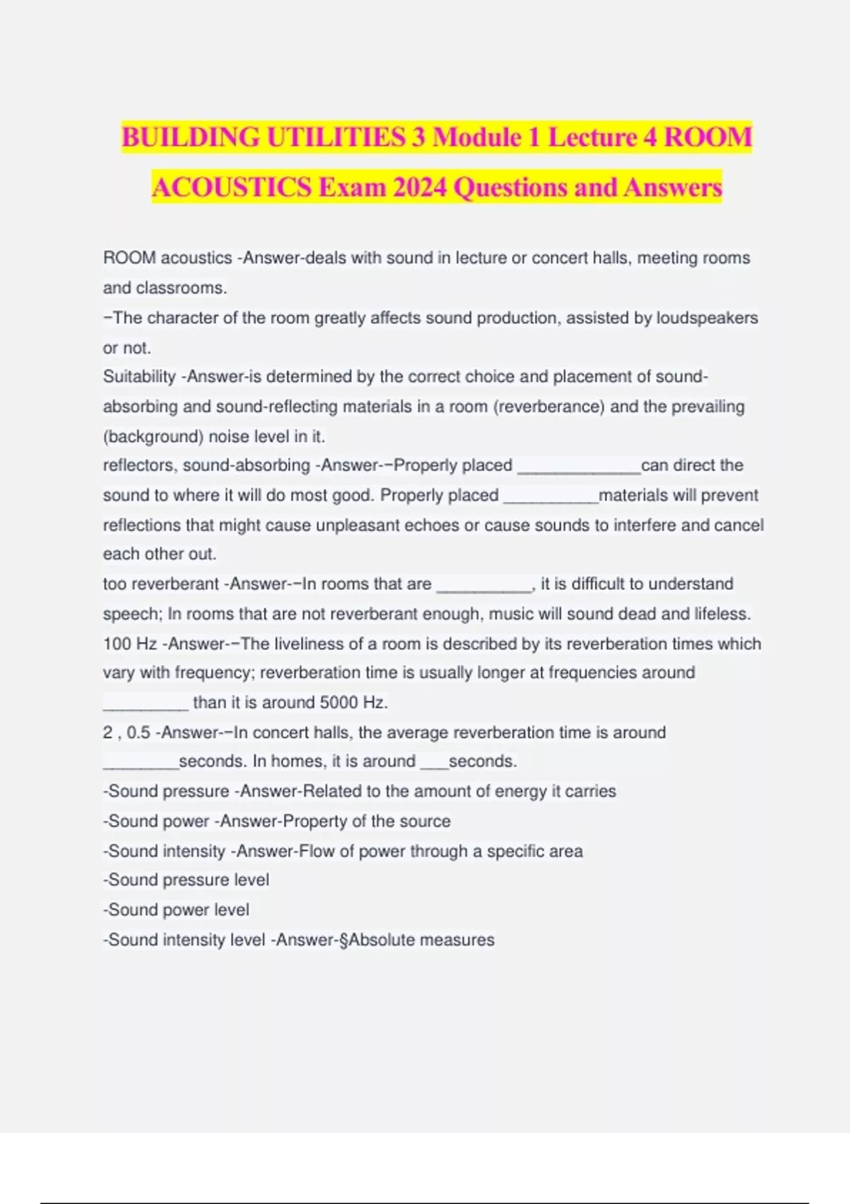 BUILDING UTILITIES 3 Module 1 Lecture 4 ROOM ACOUSTICS Exam 2024 Questions and Answers ...