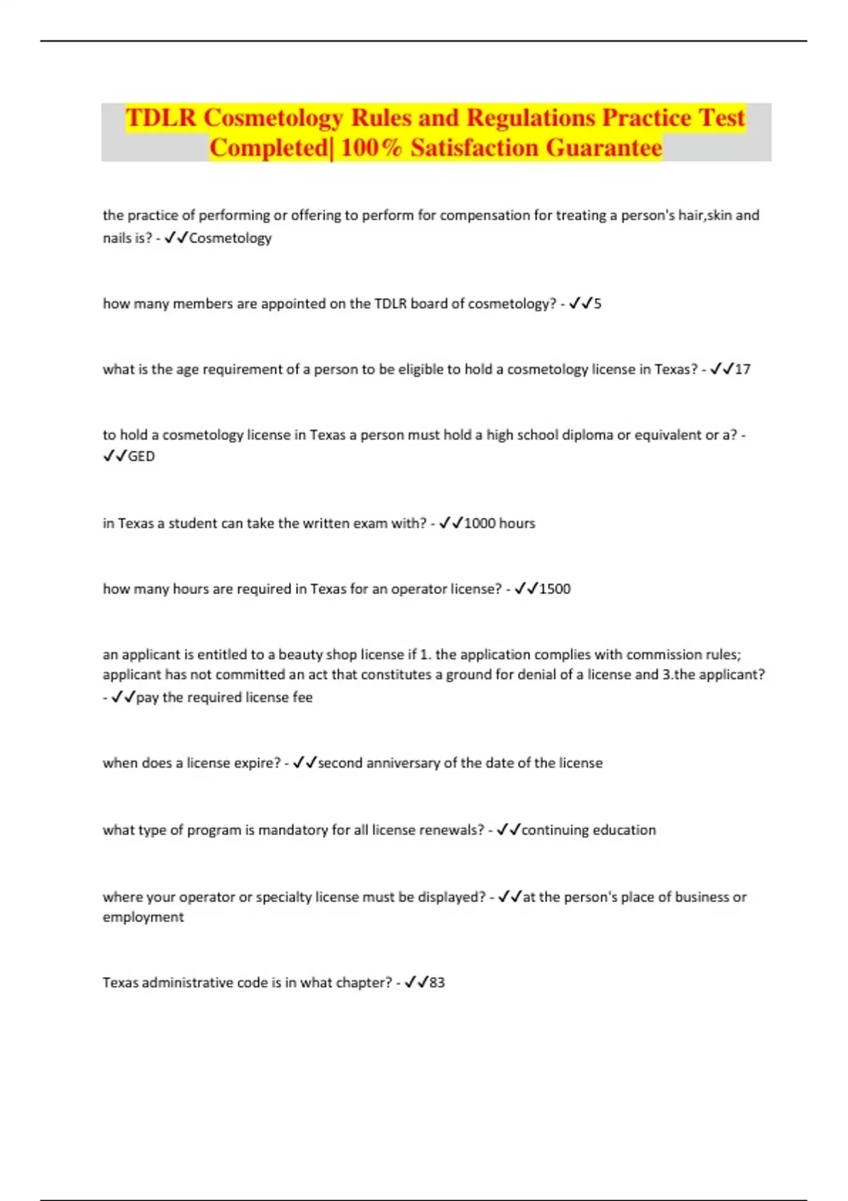 TDLR Cosmetology Rules and Regulations Practice Test Completed| 100% ...