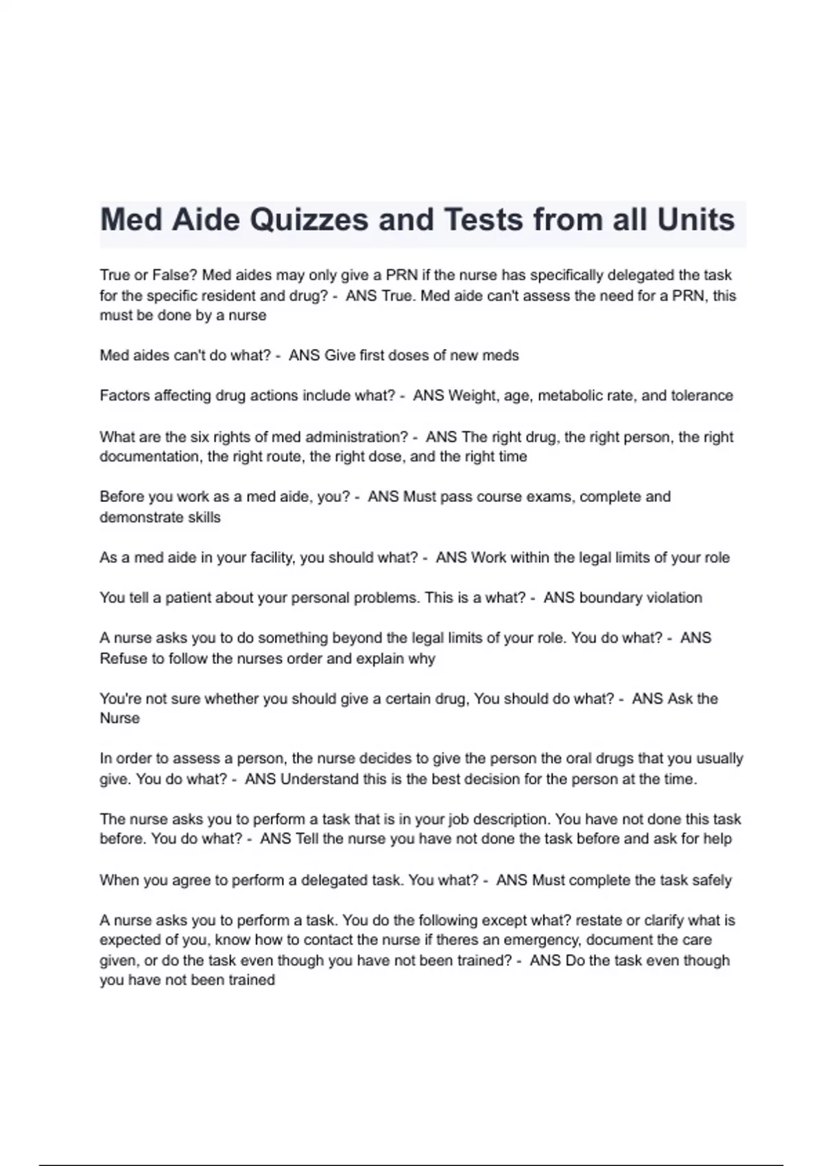 Med Aide Quizzes and Tests from all Units Exam Questions with correct ...