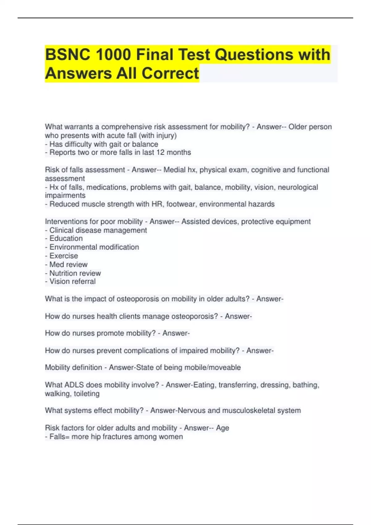 Bundle For 2024 BSNC 1000 Exam 1 Questions with Correct Answers - Stuvia US