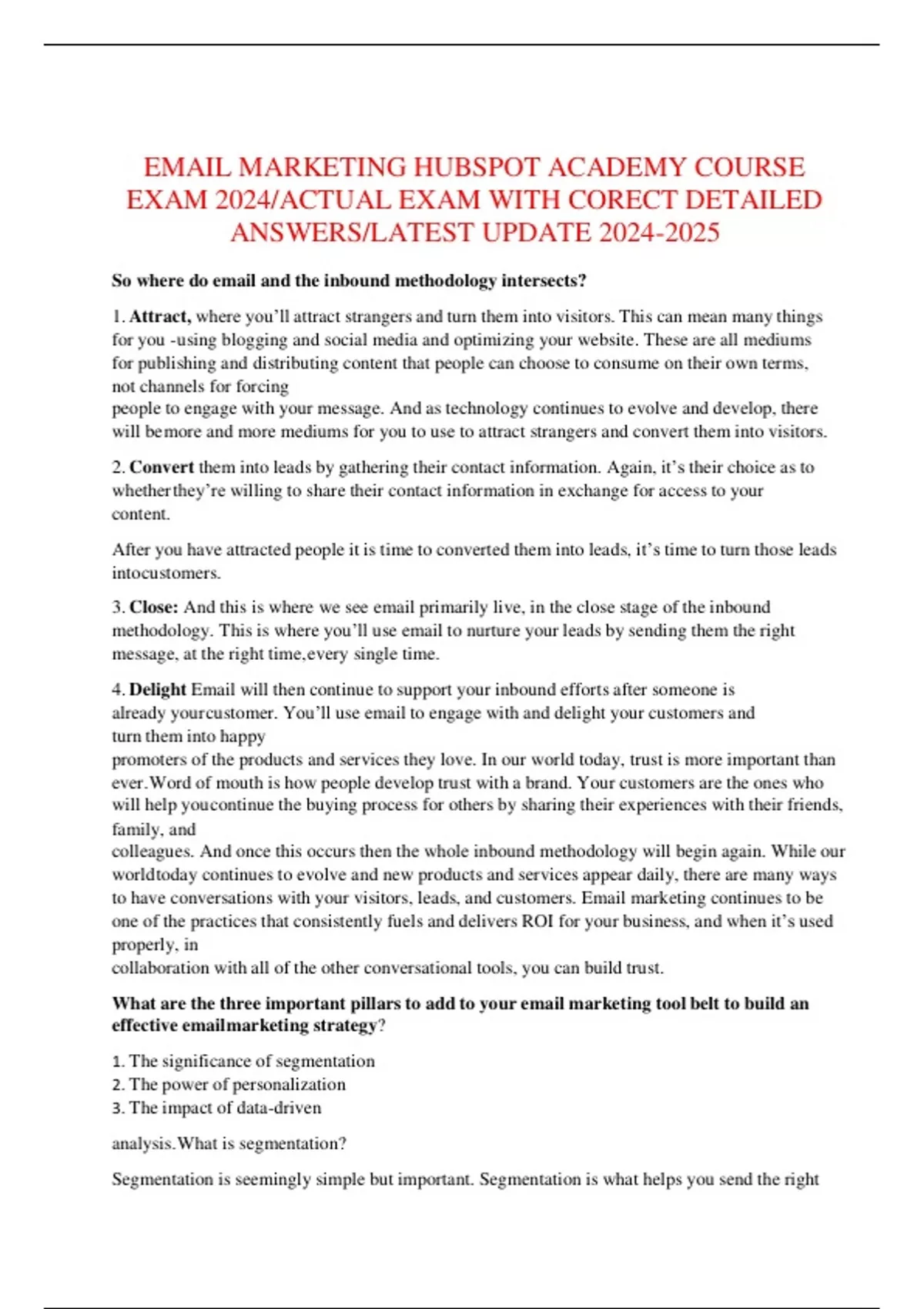 EMAIL MARKETING HUBSPOT ACADEMY COURSE EXAM 2024/ACTUAL EXAM WITH ...