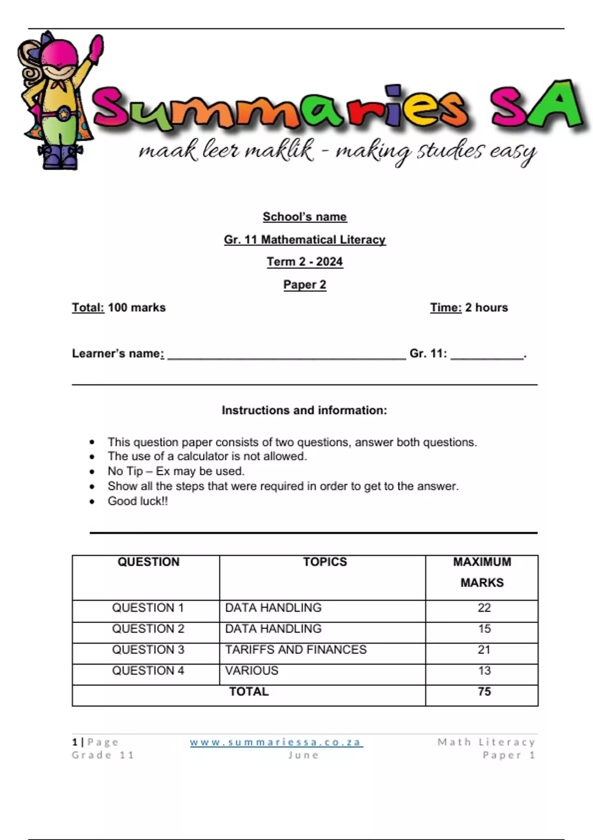 Grade 11 Mathematical Literacy (MATH LIT) June Paper 1 and Memo - 2024 ...