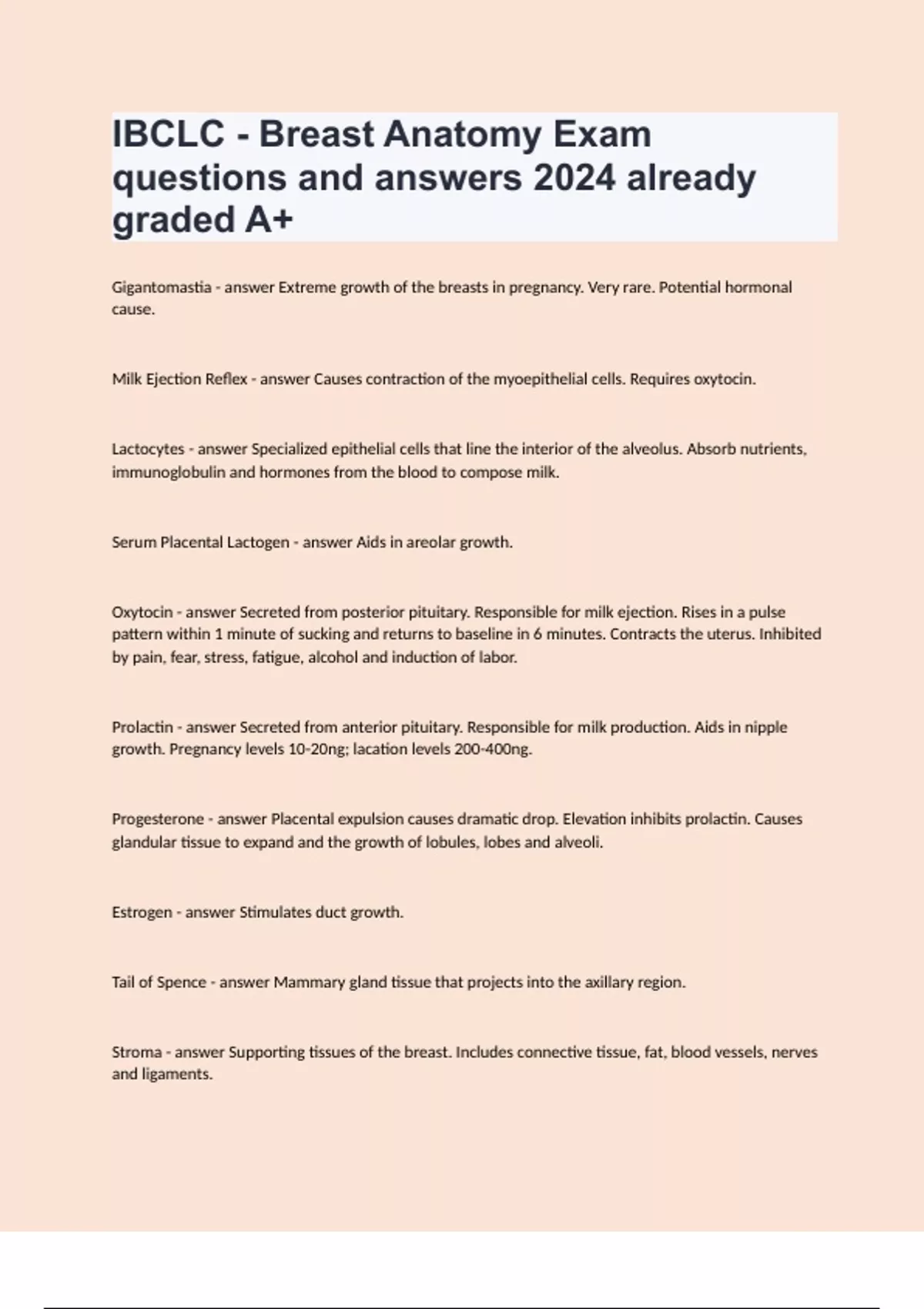 IBCLC - Breast Anatomy Exam questions and answers 2024 already graded ...